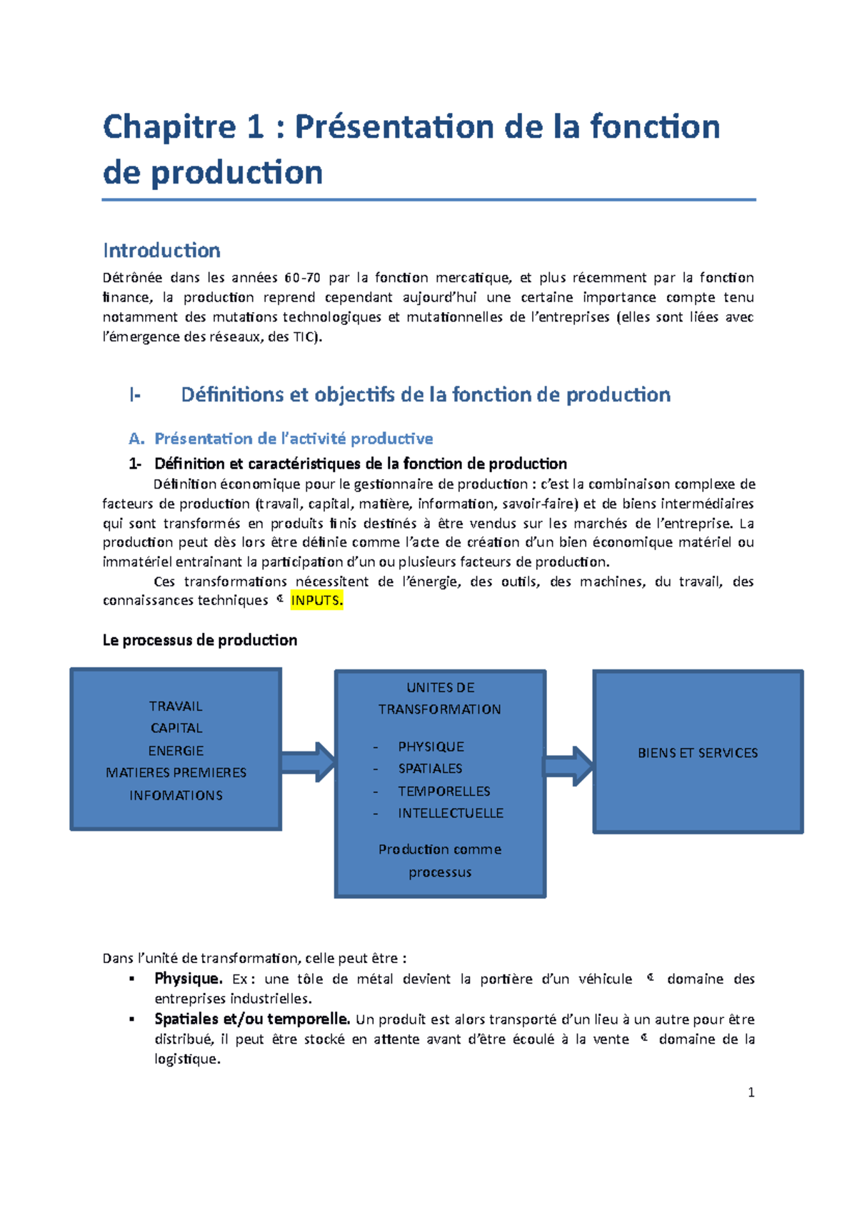 Chapitre 1 - Introduction à la fonction de production et ses objectifs ...