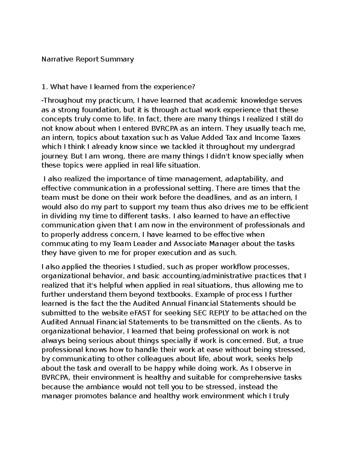 BVRCPA Practicum Narrative Report: Lessons Learned and Insights - Studocu