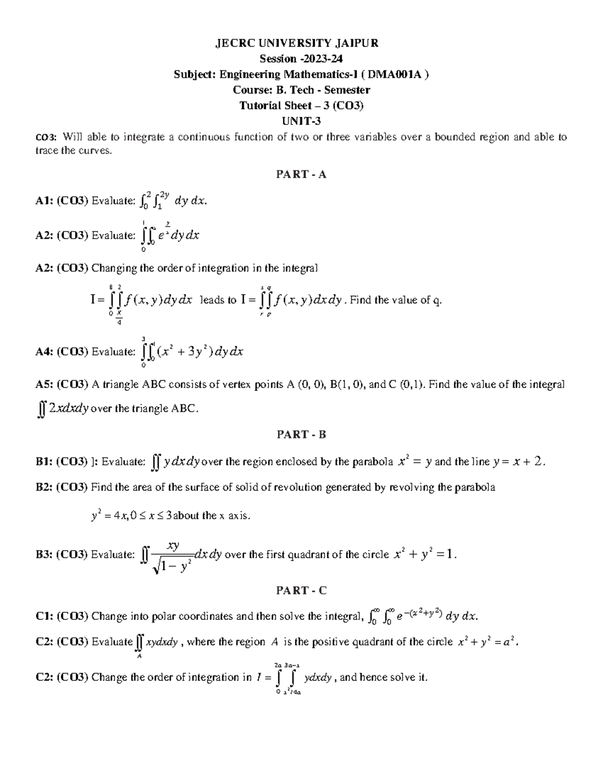 Tutorial Sheet 8 - B.Tech CSE (DAM001AC) on Integration Techniques ...