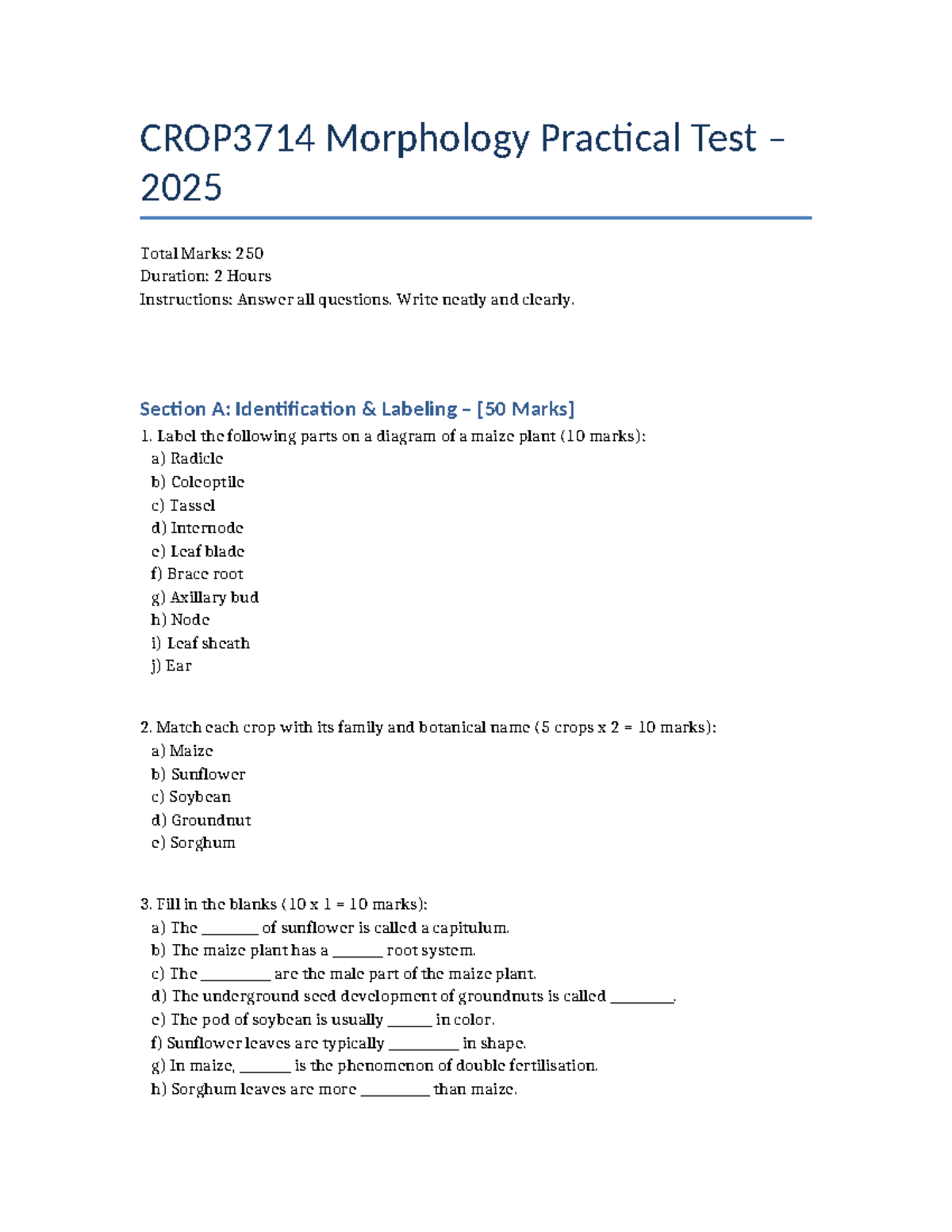 CROP3714 Morphology Practical Test 2025 - Comprehensive Guide - Studocu