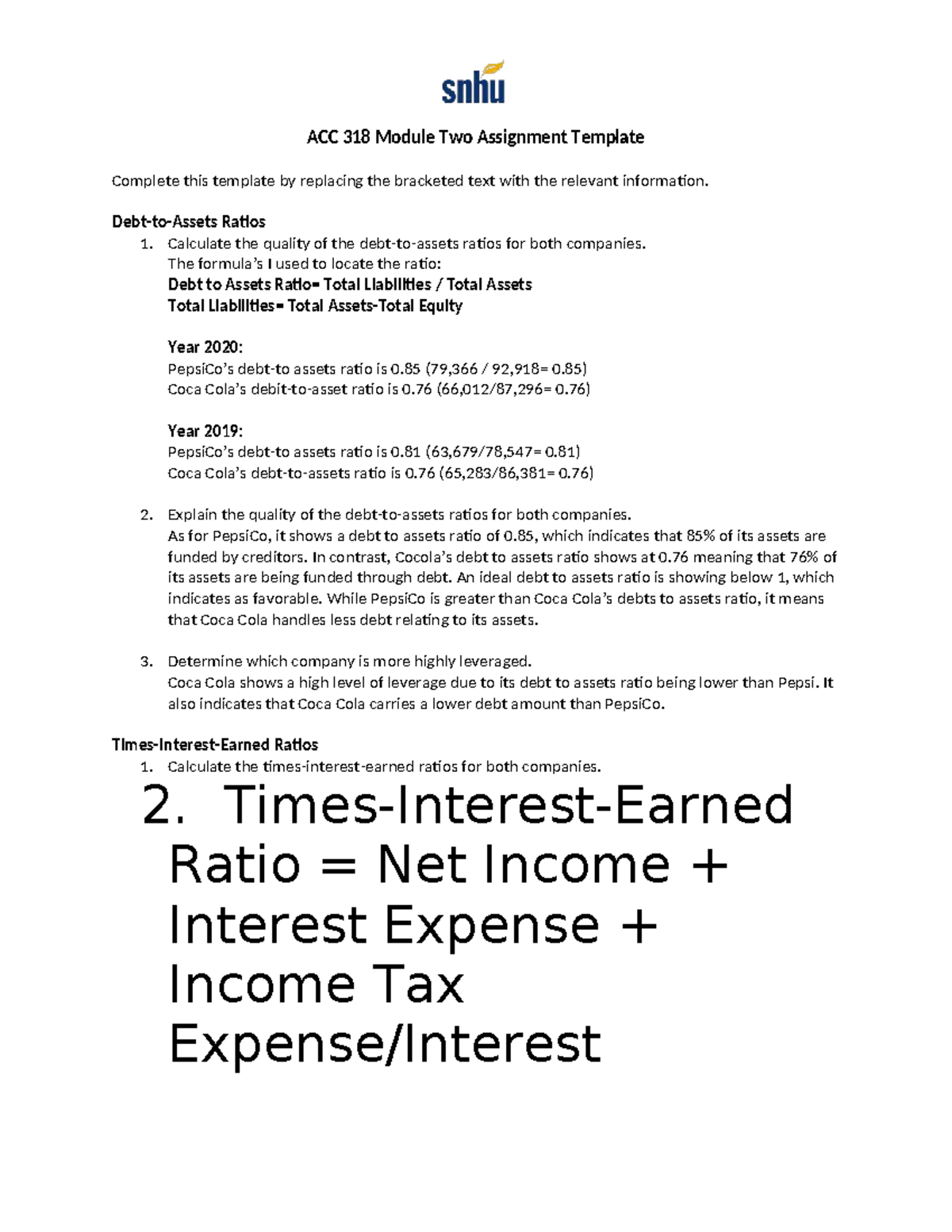 ACC 318 Module Two Assignment: Ratio Analysis of PepsiCo & Coca Cola ...
