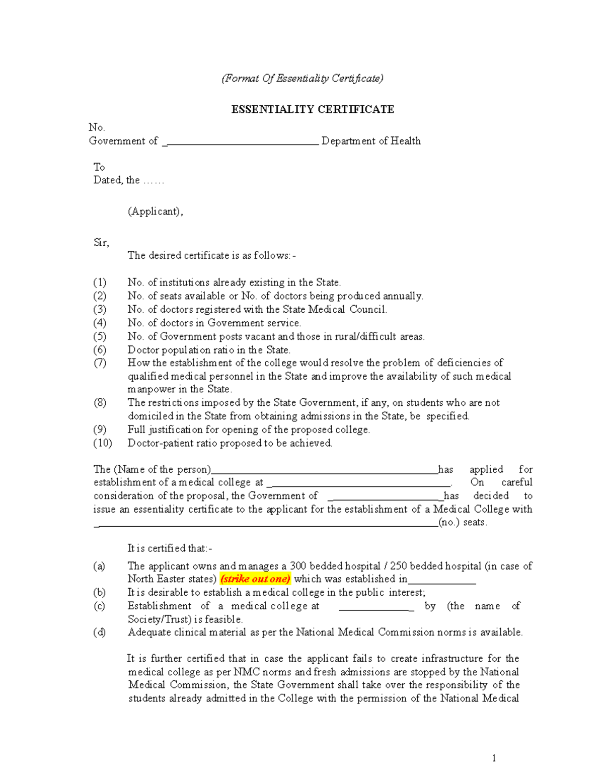 Essentiality Certificate Format Essential Certificate A For Medical