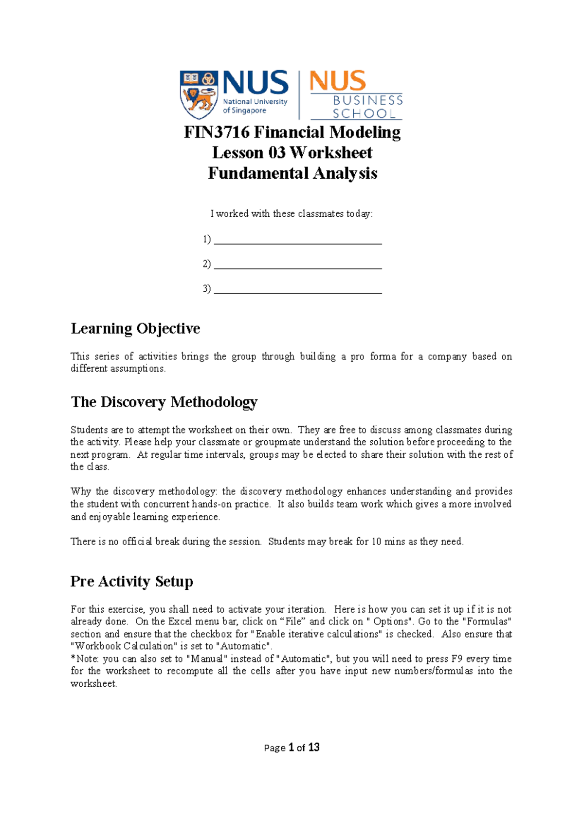 FIN3716 Financial Modeling Lesson 03: Pro Forma & Analysis Worksheet ...