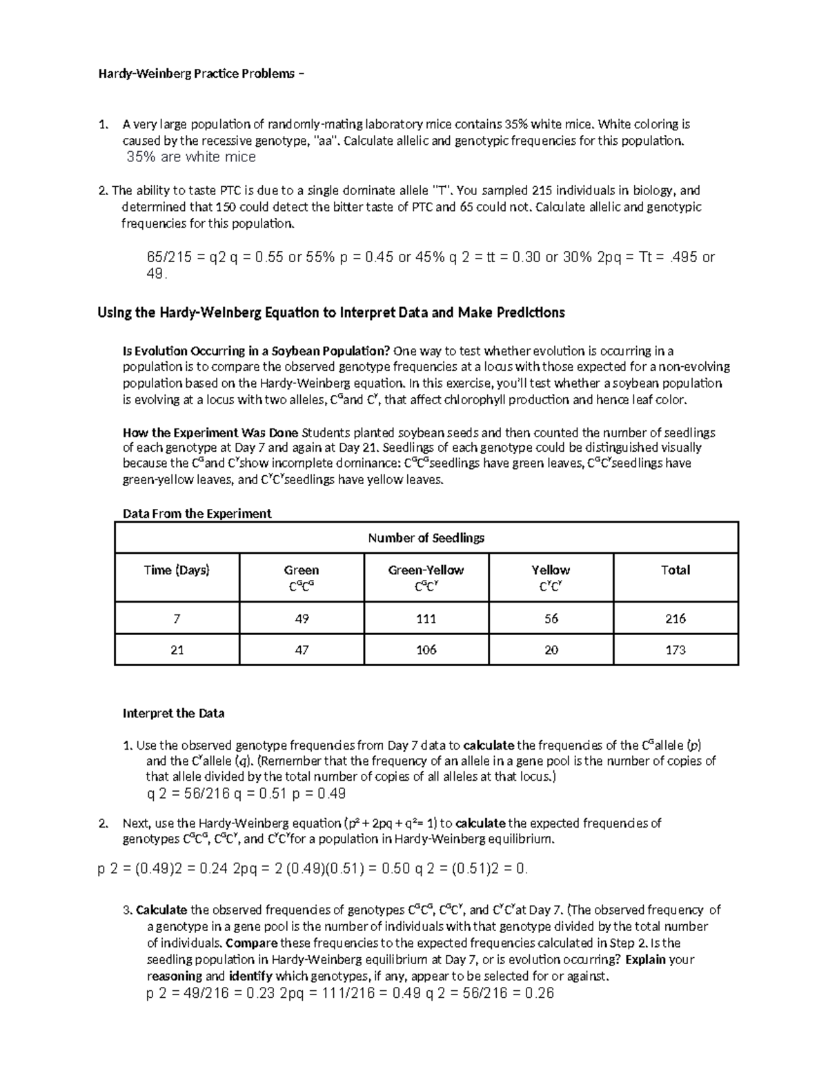 Advanced Hardy-Weinberg Practice Problem - Hardy-Weinberg Practice ...