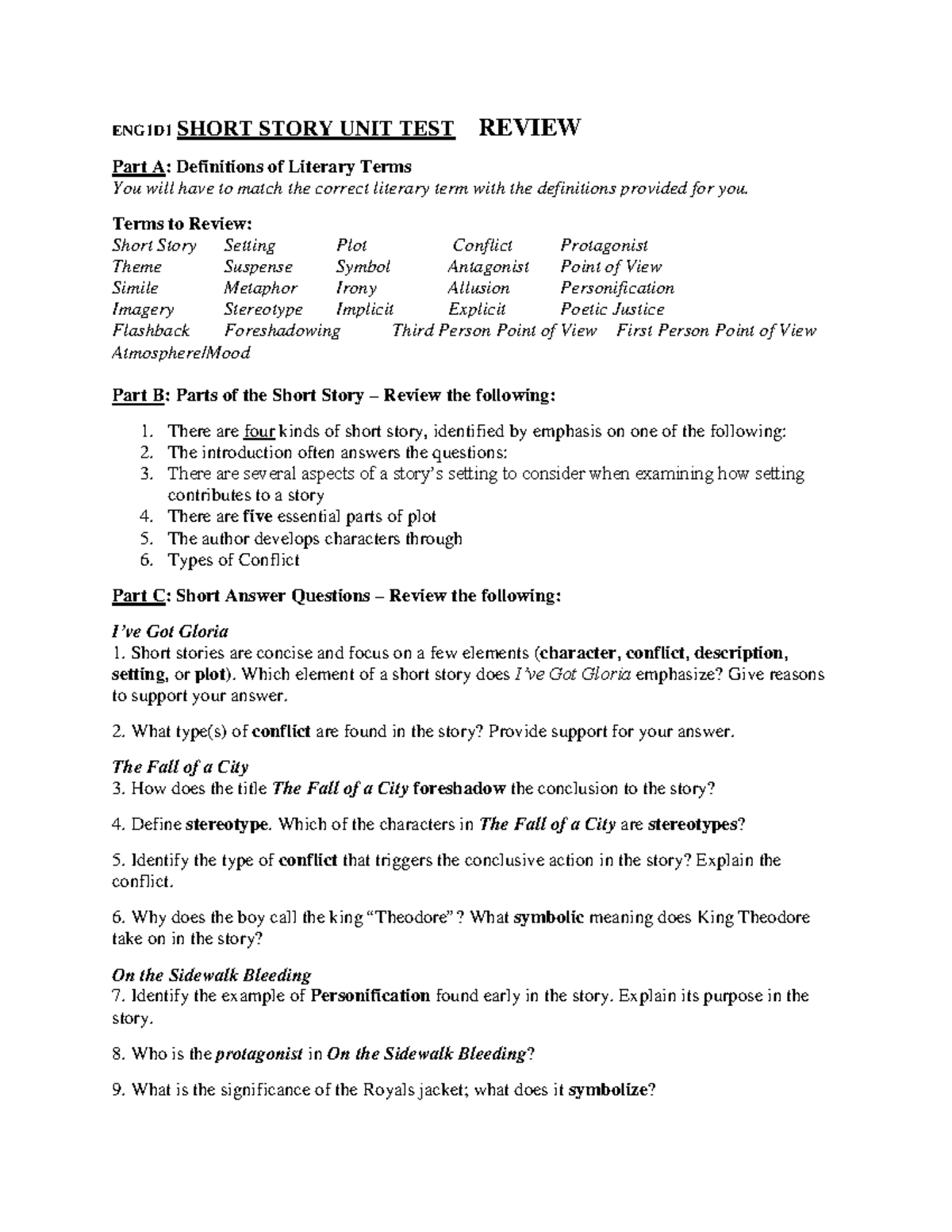 Eng1d1 short story unit test review - ENG1D1 SHORT STORY UNIT TEST ...