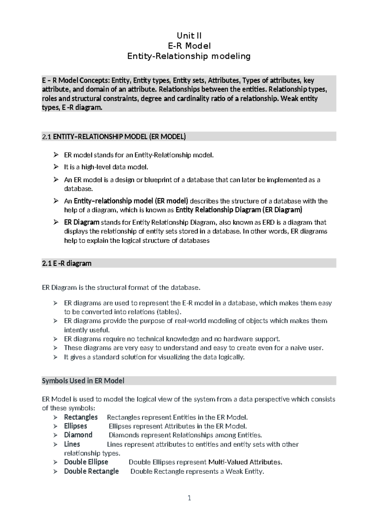 Unit II - ER Model Concepts: Entities, Attributes, and Relationships ...