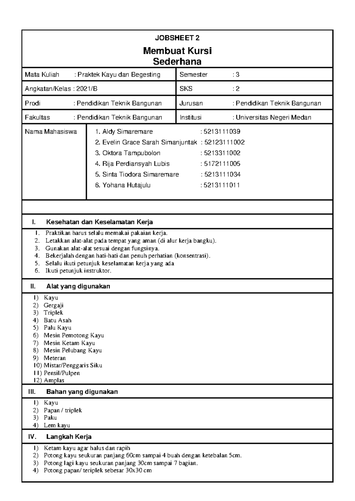 Jobsheet Praktek Kayu: Pembuatan Kursi Sederhana PKB Kel 2 PTB B - Studocu