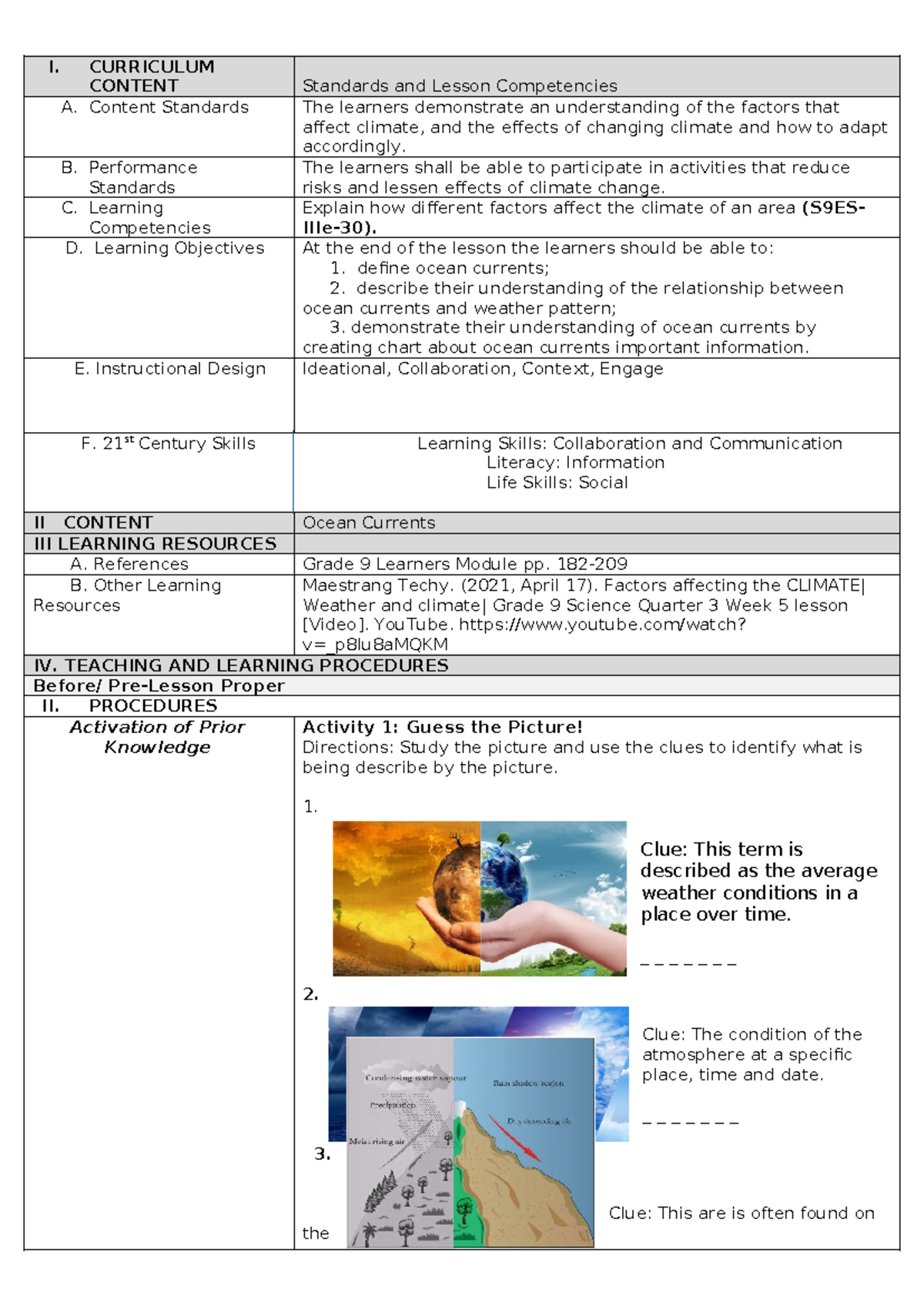 DELA CRUZ Ocean Currents - I. CURRICULUM CONTENT Standards and Lesson ...