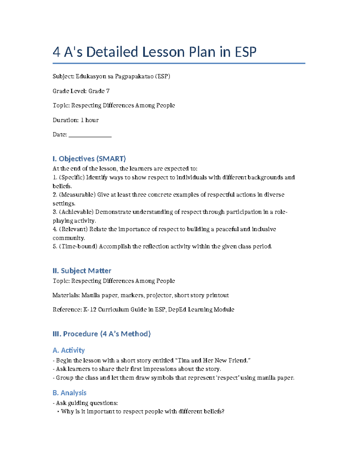 4As Detailed Lesson Plan: Respecting Differences in ESP (Grade 7) - Studocu