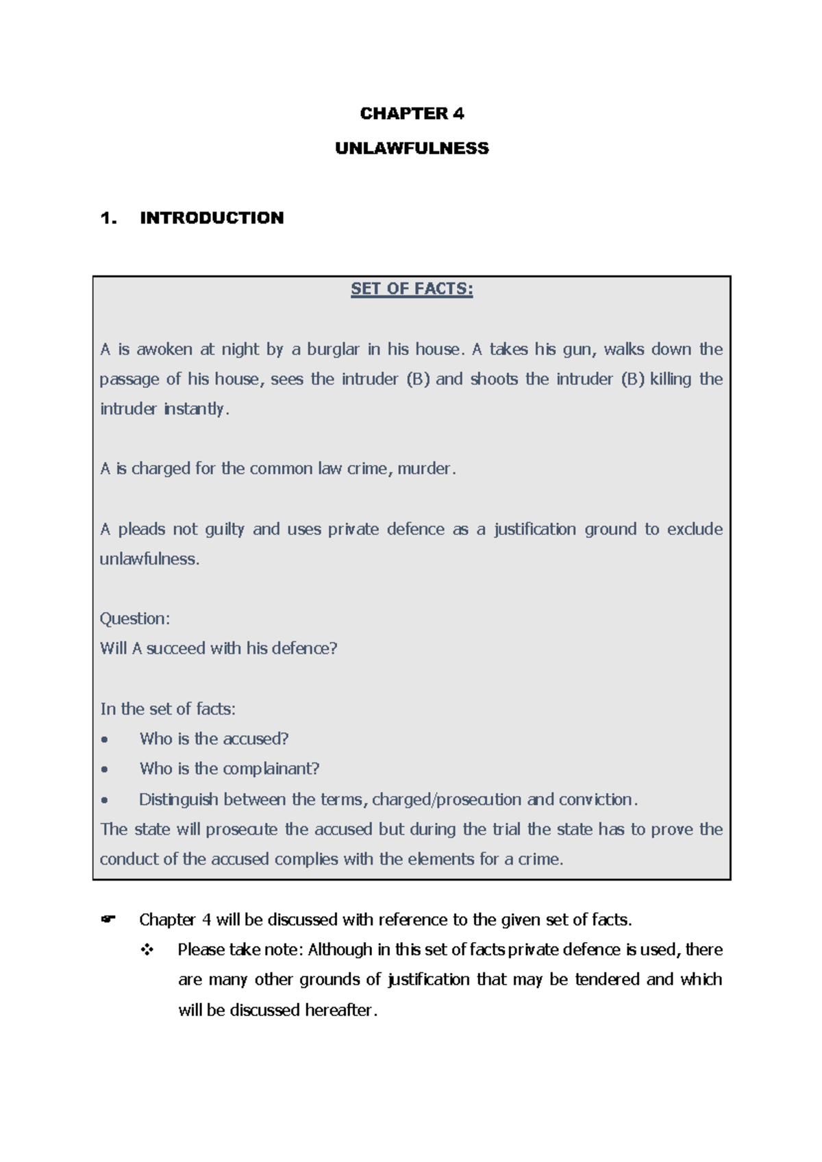 Chapter on Unlawfulness in Criminal law - CRL41Y0 - UJ - Studocu