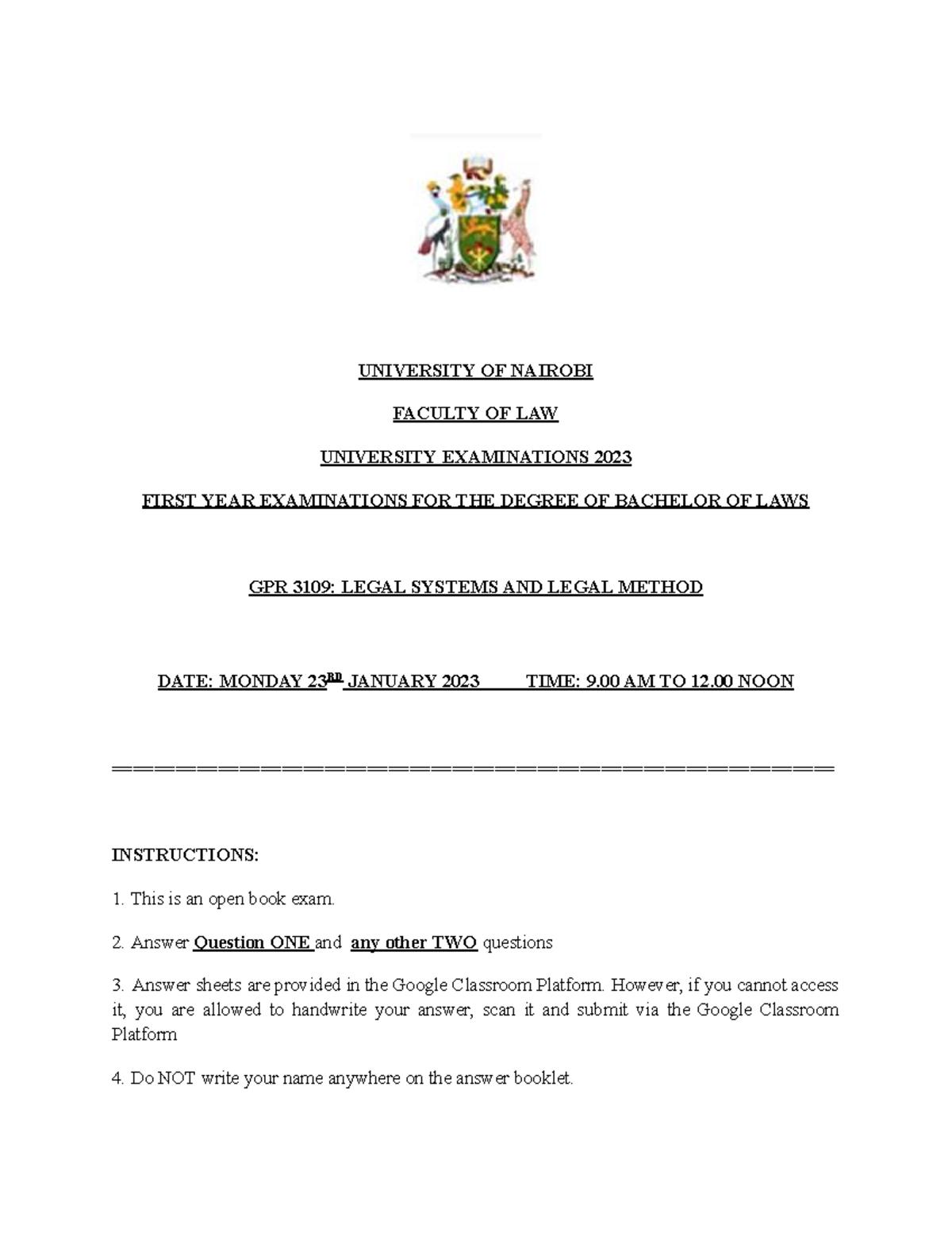 GPR 3109: Legal Systems & Method - 2023 Exam Paper - Studocu