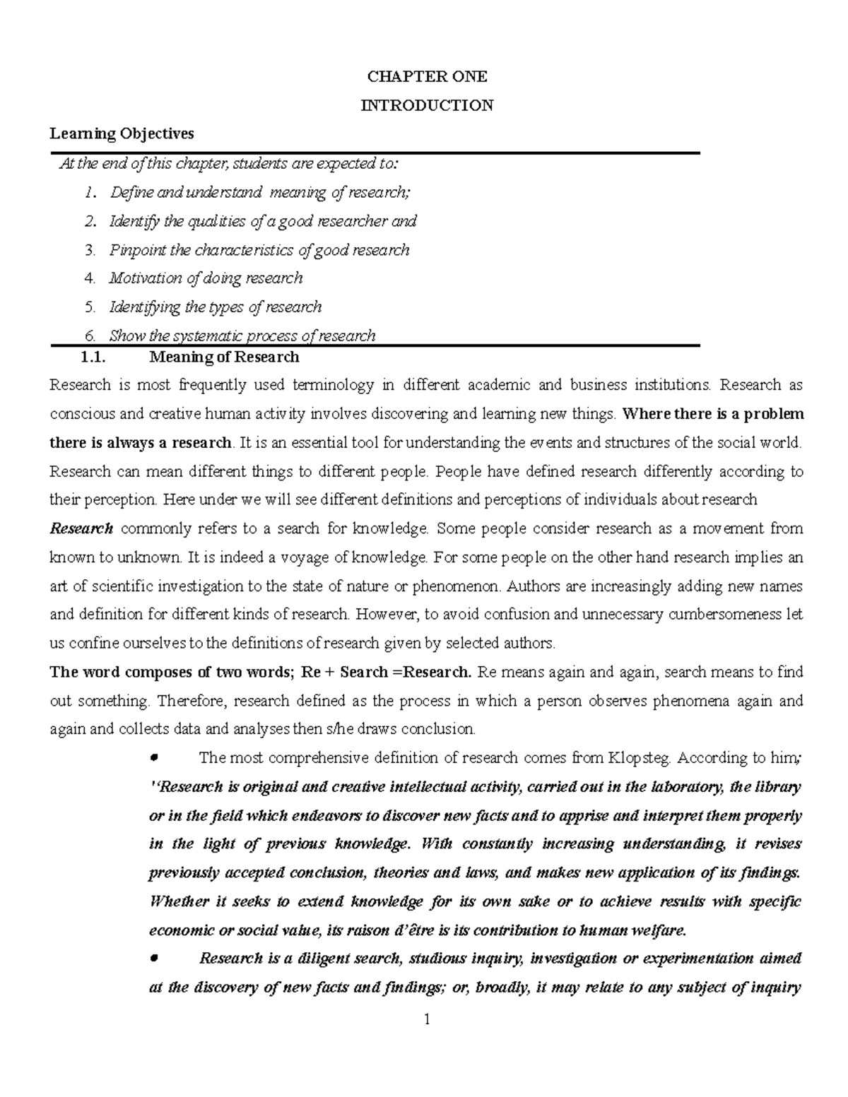 Business Research Handout - CHAPTER ONE INTRODUCTION Learning ...