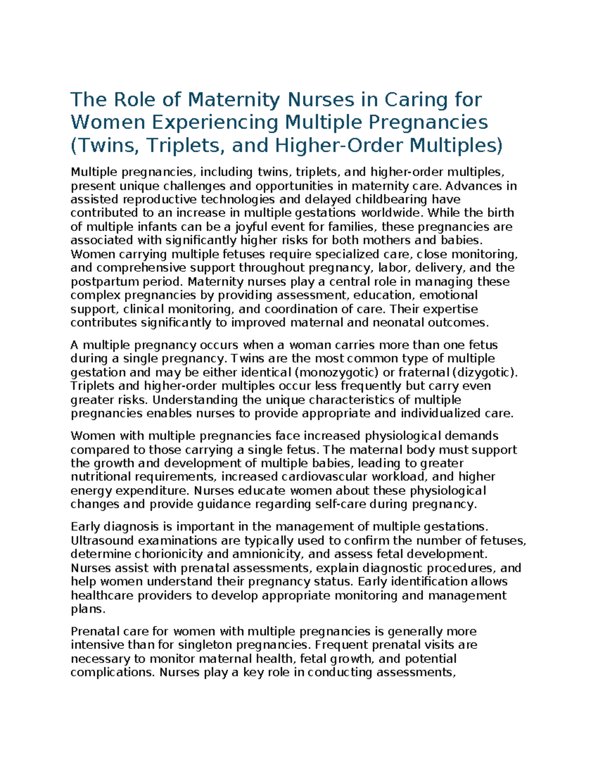 Maternity Nursing Care for Women with Multiple Pregnancies: Challenges ...