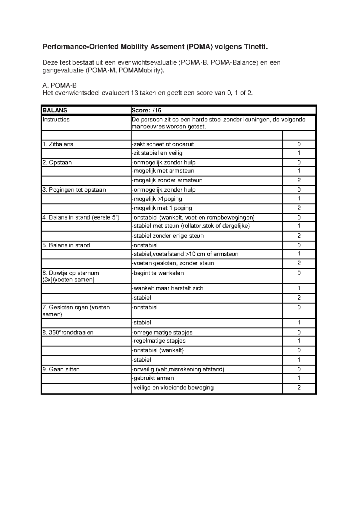 POMA-B & POMA-M Test: Evaluatie van Mobiliteit en Balans - Studeersnel