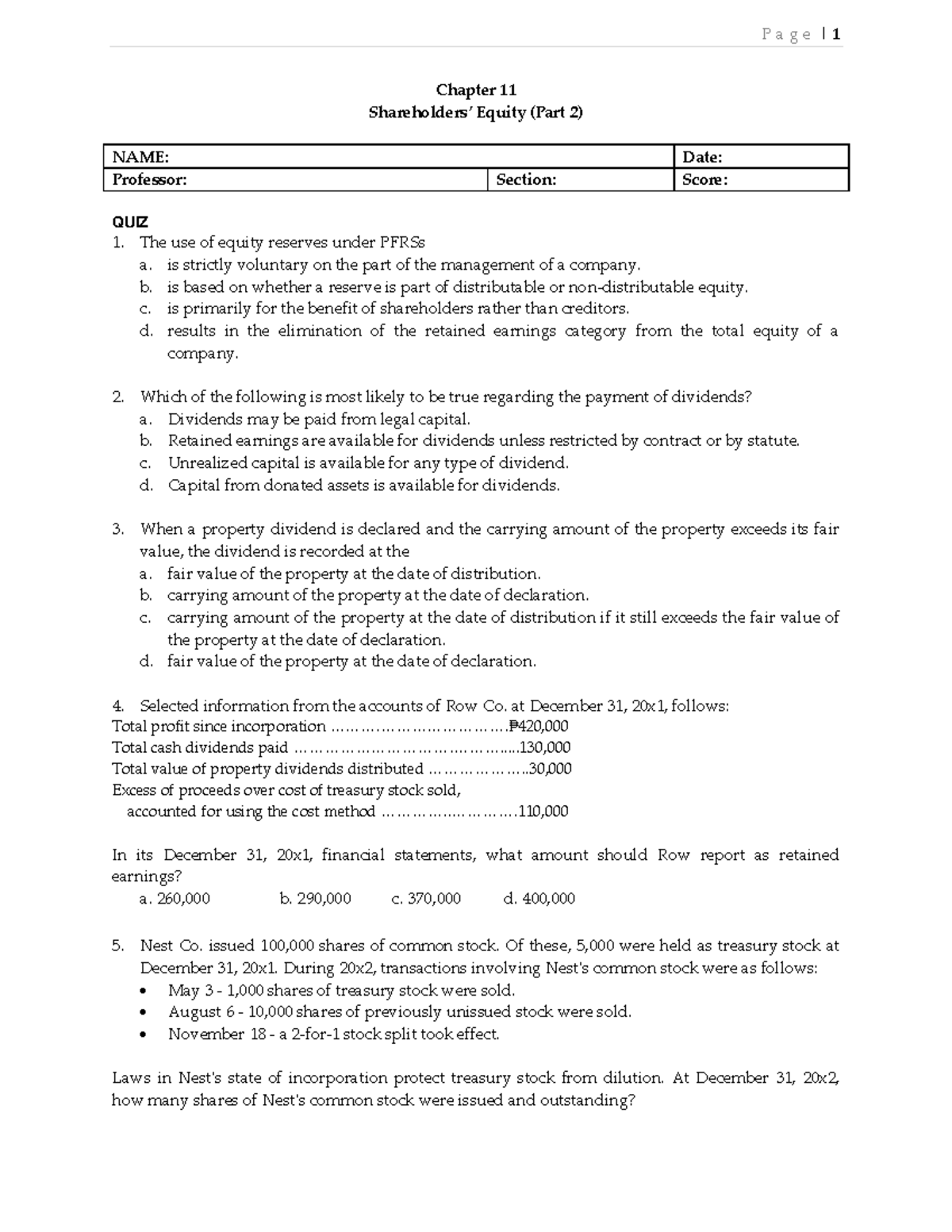 QUIZ Chapter 11 SHE PART 2 2021 - P a g e | 1 Chapter 11 Shareholders ...