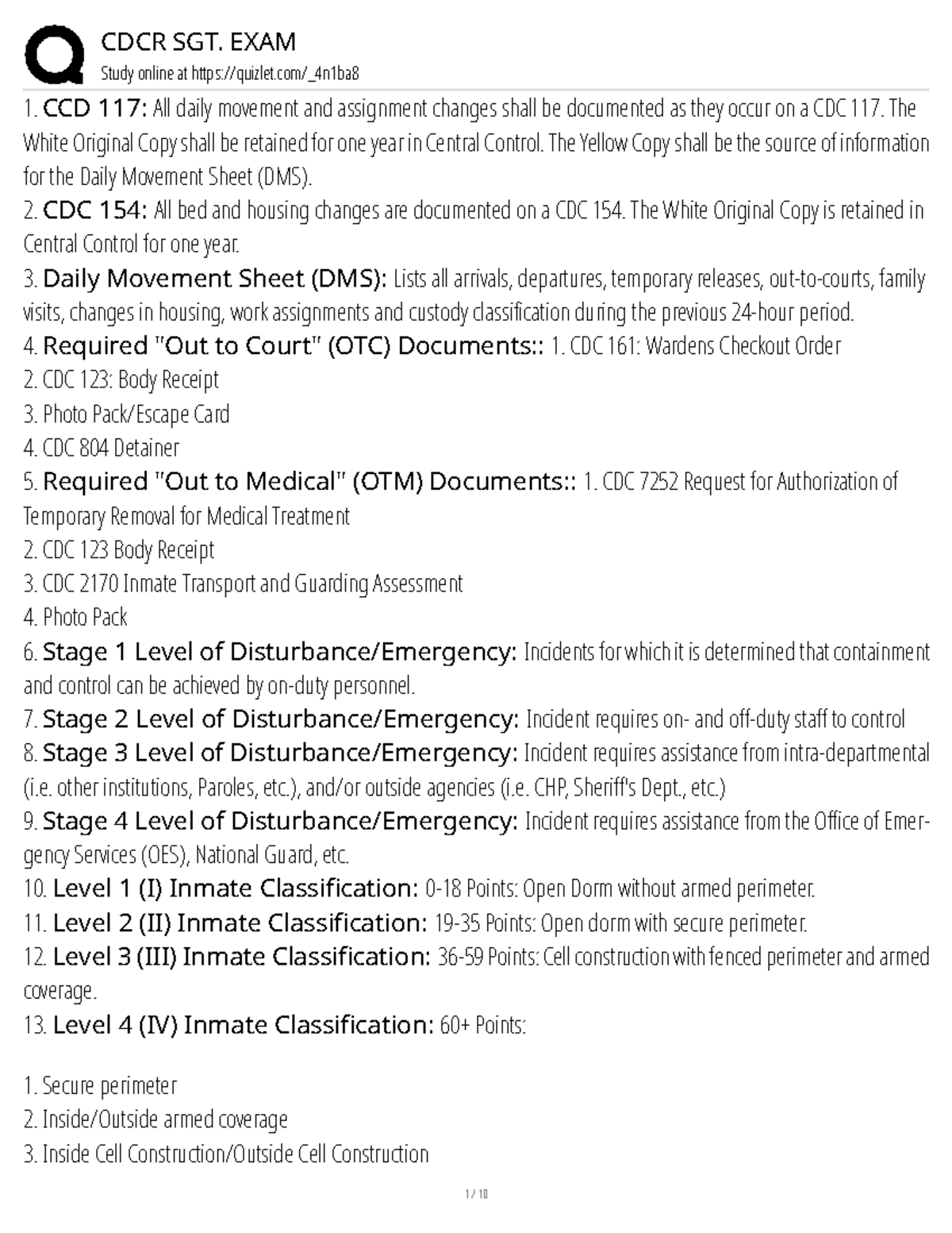 CDCR SGT. EXAM Study Guide: Key Procedures and Policies - Studocu