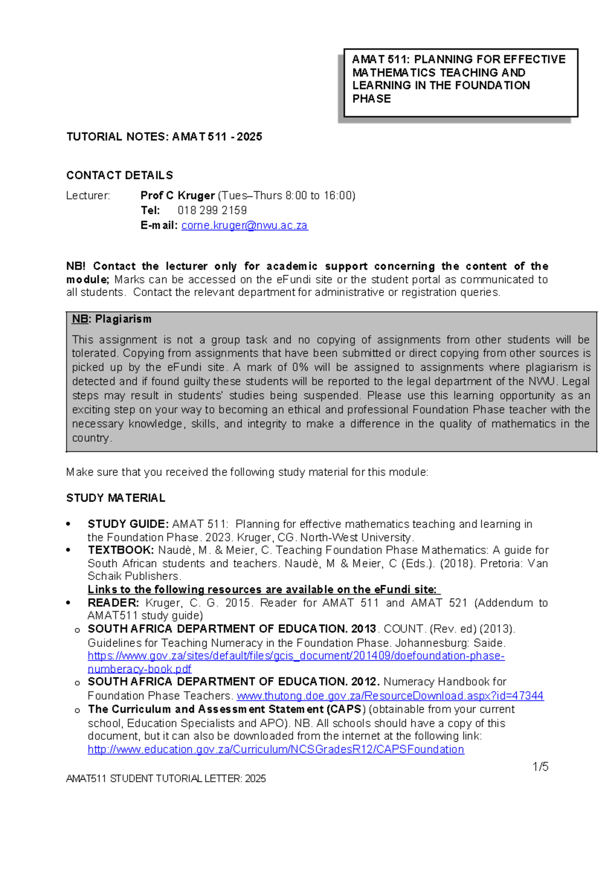 AMAT 511: Effective Math Teaching in Foundation Phase - Tutorial Notes ...