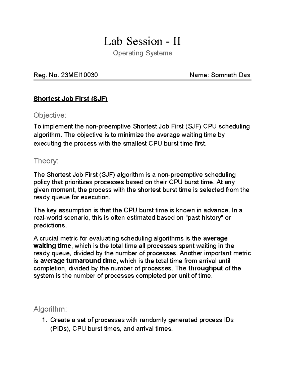 Lab Session II: SJF & FCFS CPU Scheduling Algorithms - OS 23MEI10030 - Studocu
