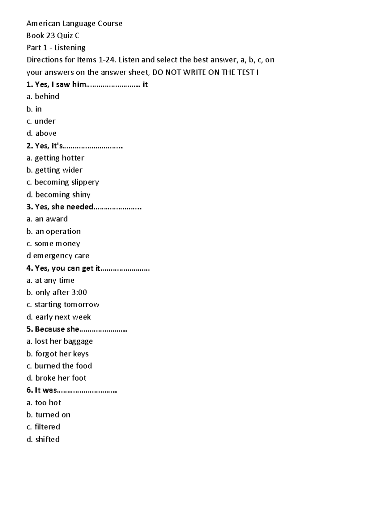 Quiz C 23 Listening Comprehension Directions and Items - Studocu