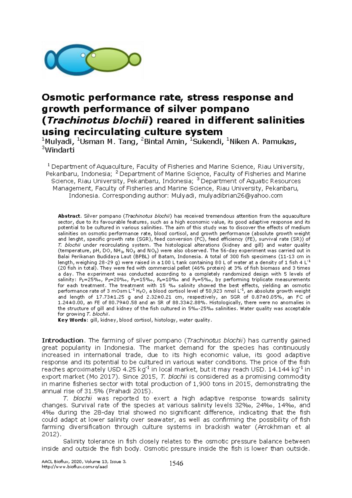 Osmotic Performance and Growth of Silver Pompano (Trachinotus blochii ...