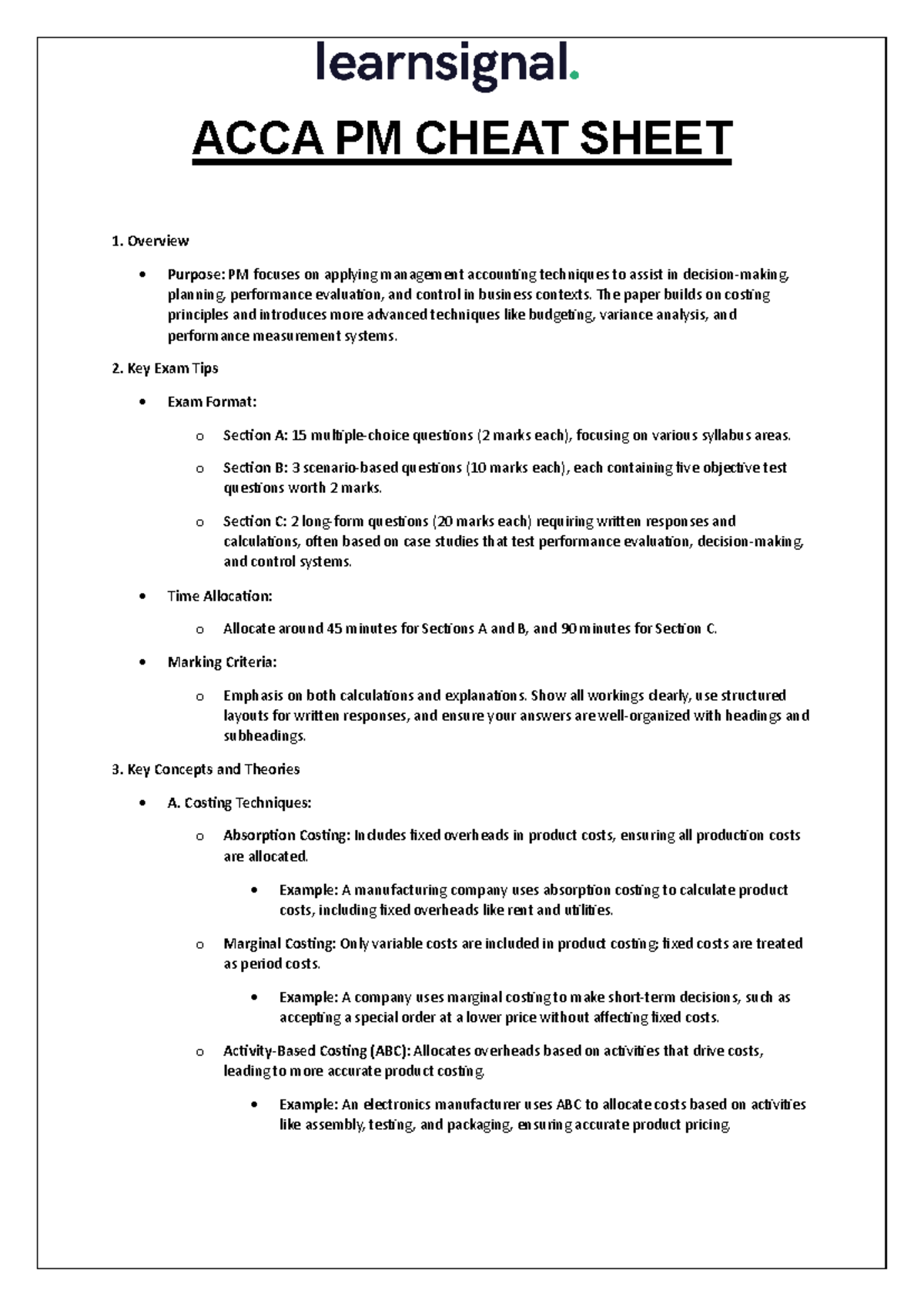 ACCA PM Cheat Sheet: Key Concepts, Exam Tips & Techniques - Studocu