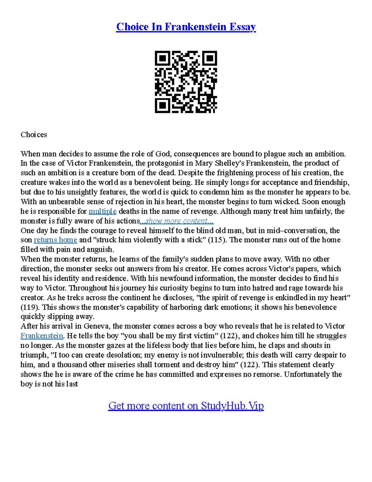 Frankenstein Essay Intro: The Consequences of Choice in Creation - Studocu