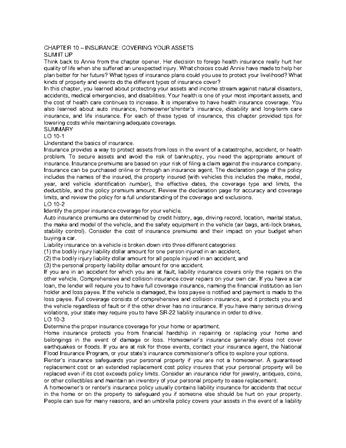 CHAPTER 10 INSURANCE: PROTECTING YOUR ASSETS SUMMARY - Studocu