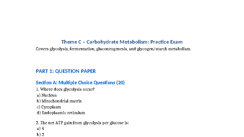 Theme C Carbohydrate Metabolism: Practice Exam & Memo - Studocu