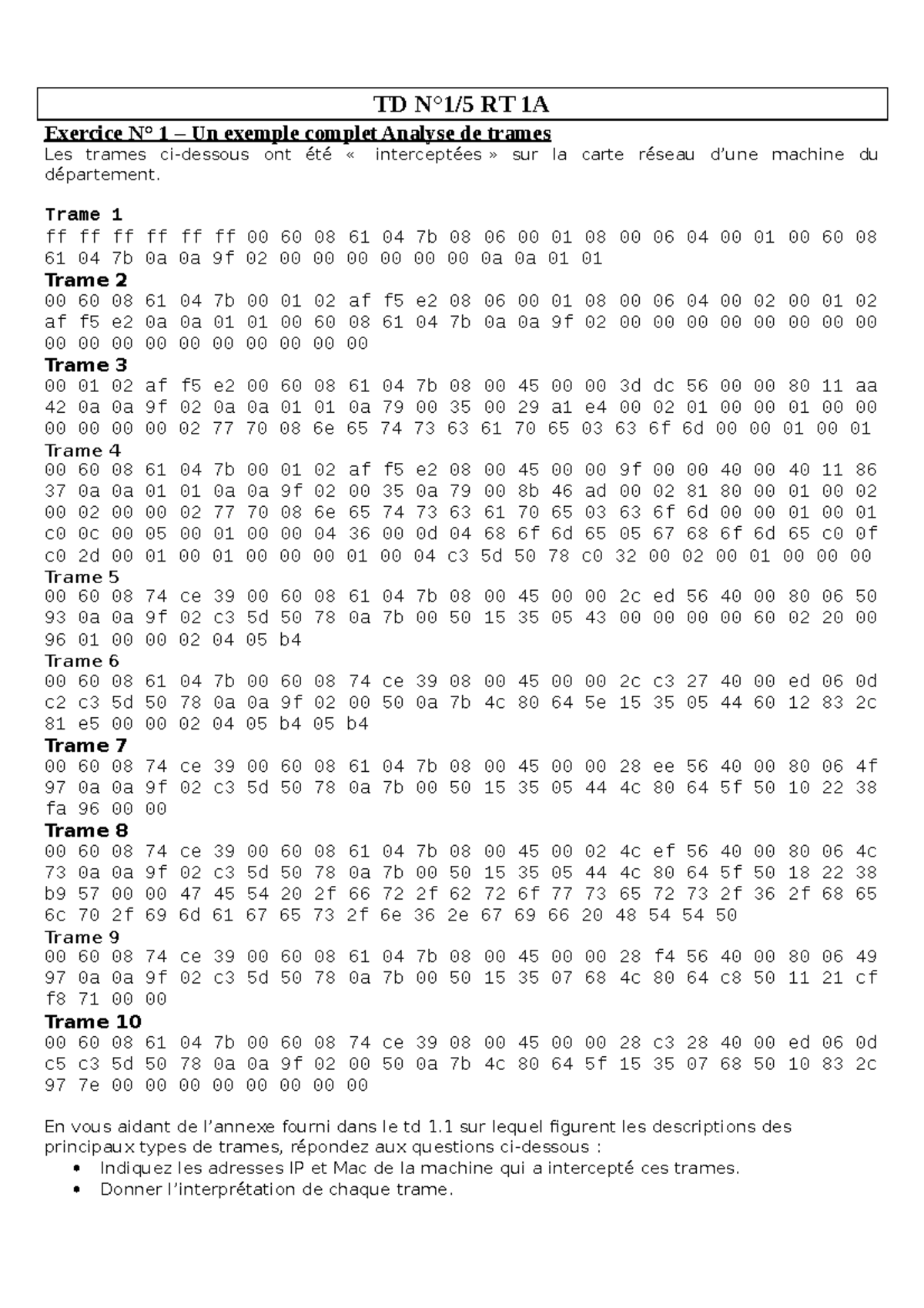 TD1 - exercices - TD N°1/5 RT 1A Exercice N° 1 – Un exemple complet ...