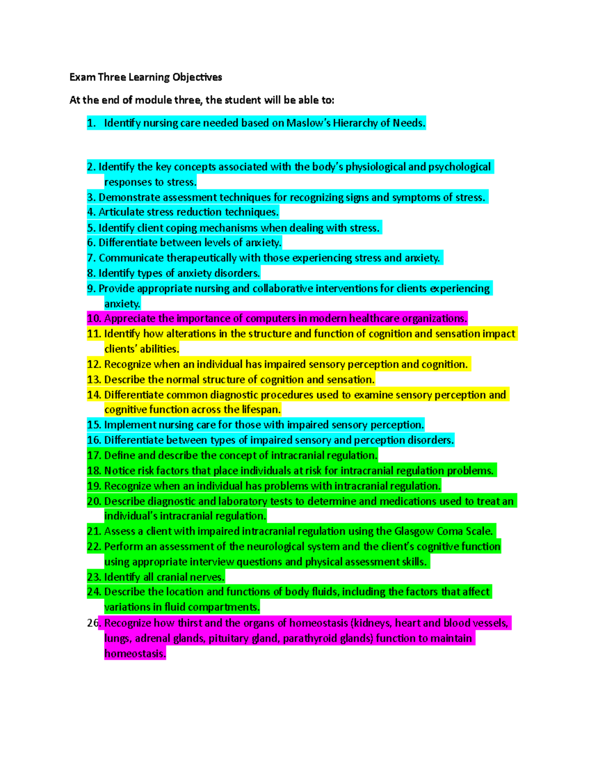 Exam 3 Objectives 1 - Exam Three Learning Objectives At the end of ...