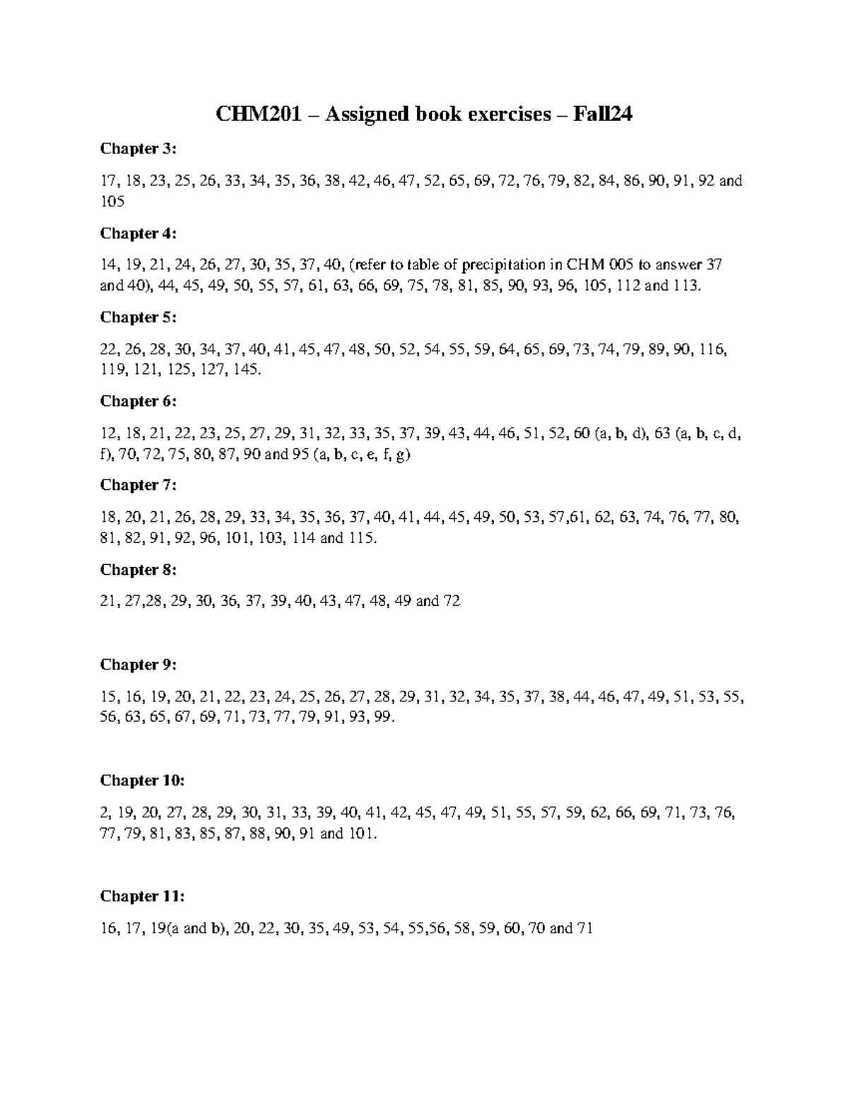 CHM201 Assigned Book Exercises: Chapters 3 to 11 (Fall 24) - Studocu