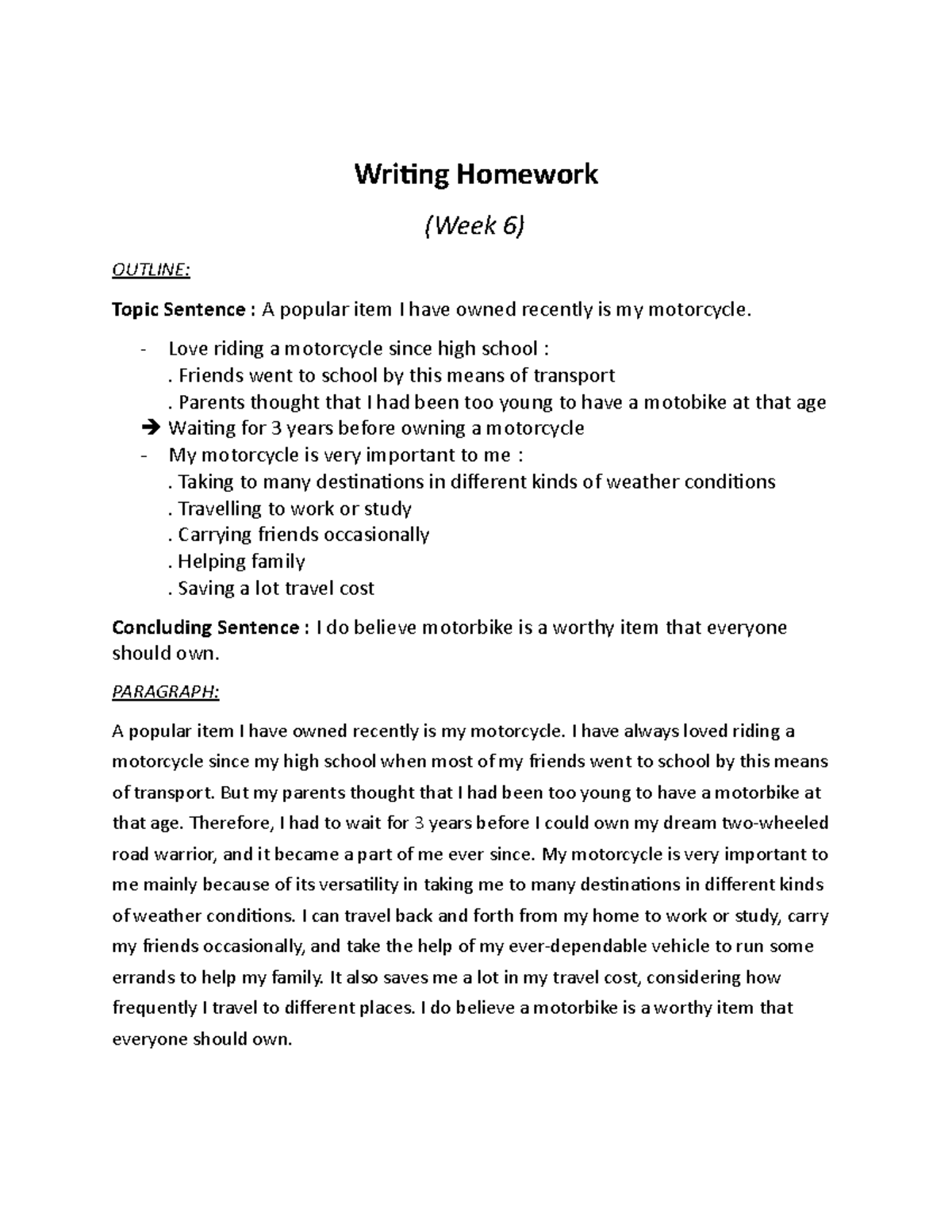 Writing HW - Bài tập Viết năm 1 - Writing Homework (Week 6) OUTLINE ...