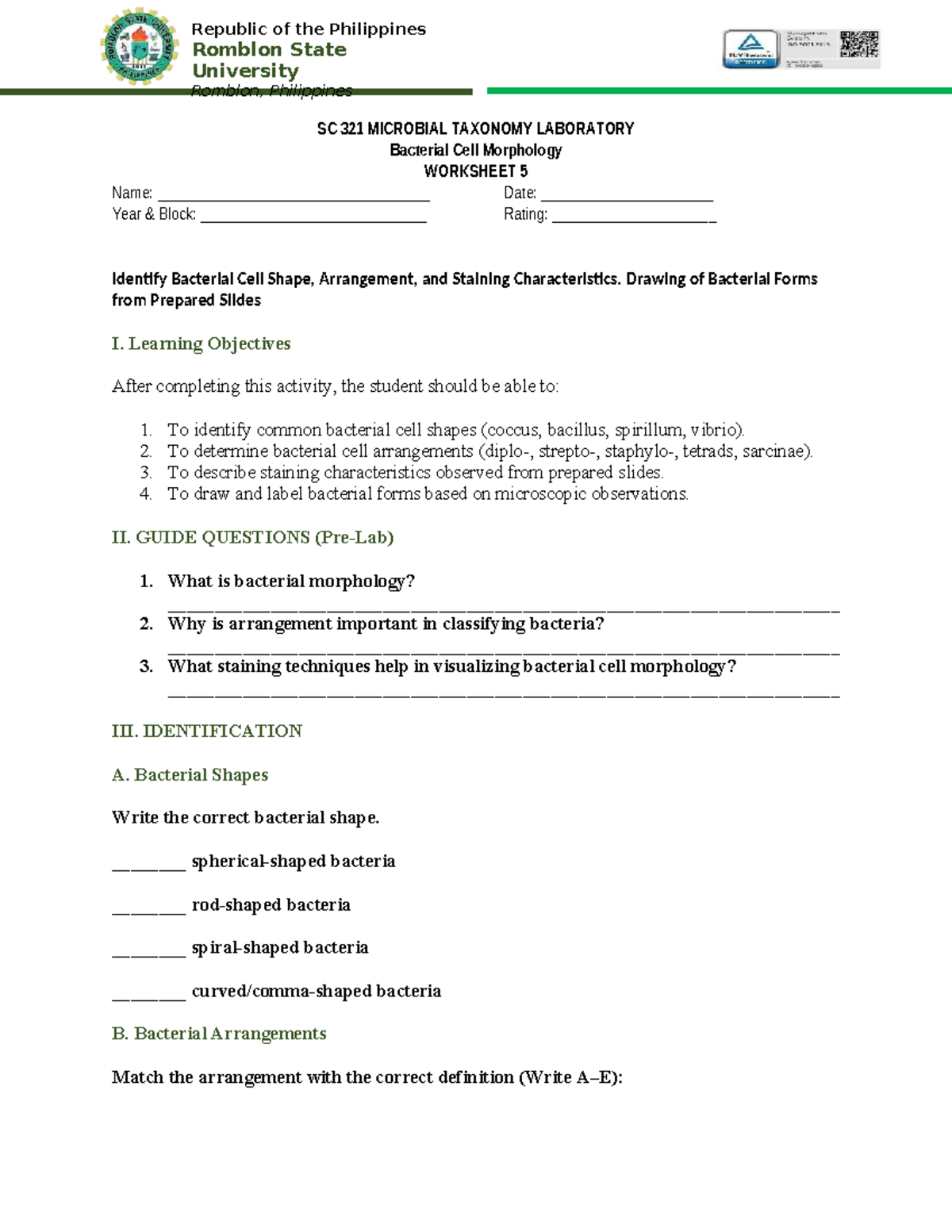 SC 321 Microbial Taxonomy Lab: Bacterial Cell Morphology Worksheet 5 ...