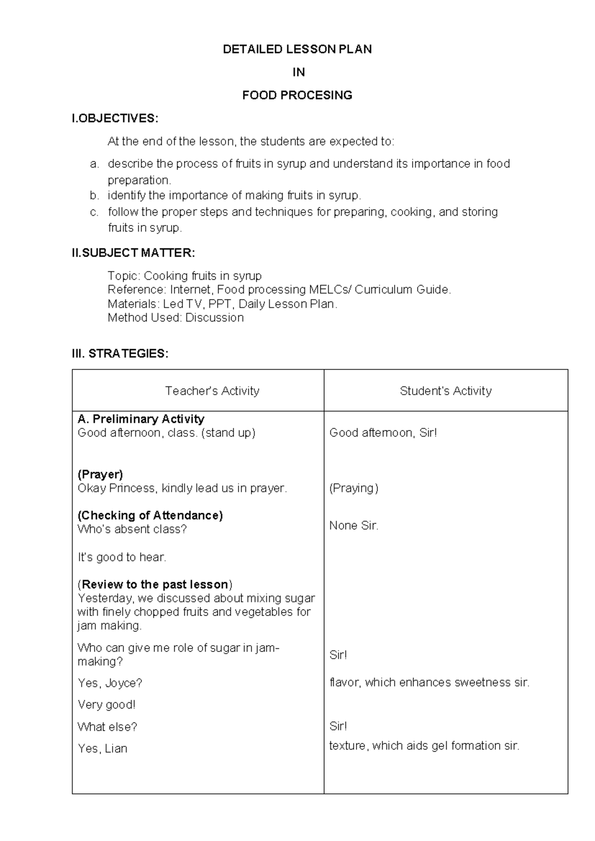 Detailed Lesson Plan: Cooking Fruits in Syrup (Food Processing I) - Studocu