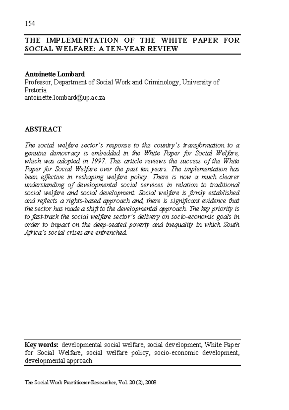 SWK 154: Review of the White Paper for Social Welfare Implementation ...
