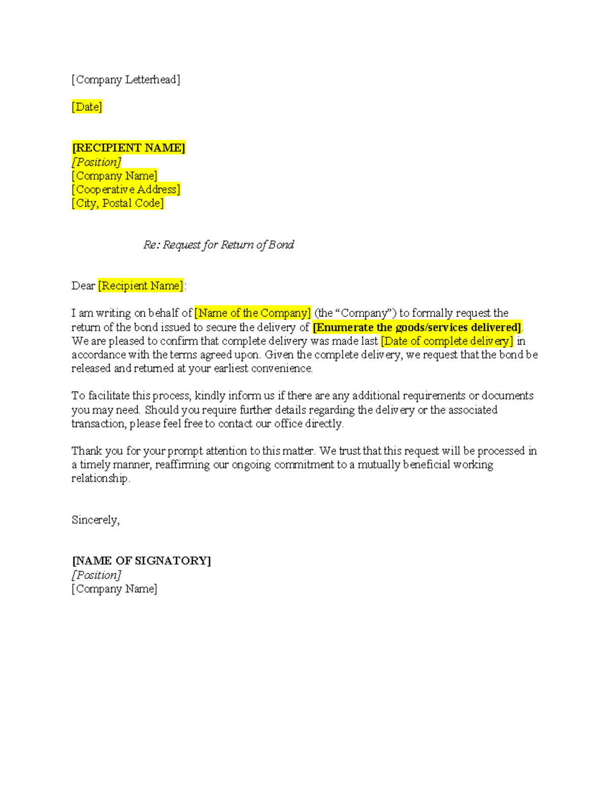 Bid Bond Refund Request Template for [Company Name] - Studocu