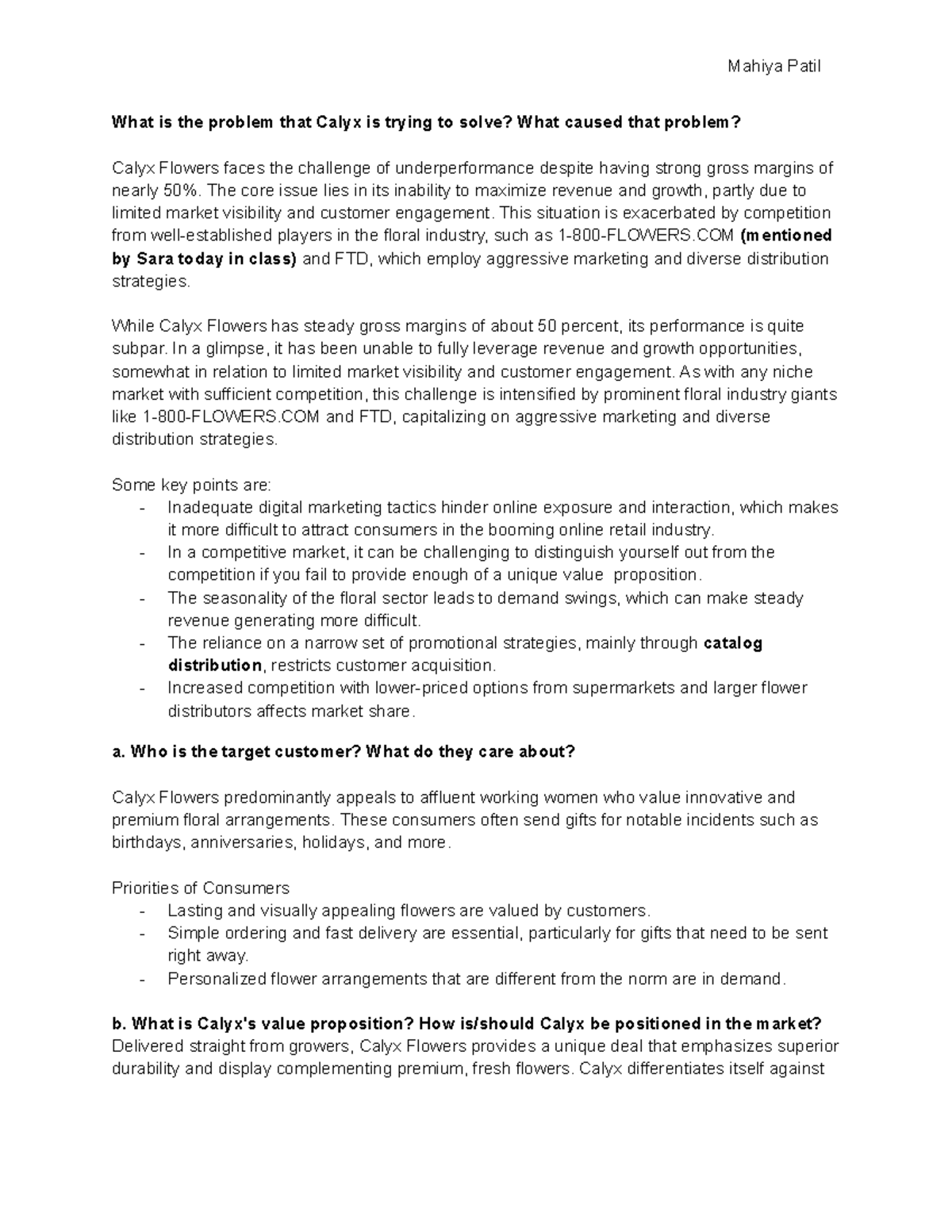 Calyx Flowers Case Study: Addressing Market Challenges and Opportunities - Studocu