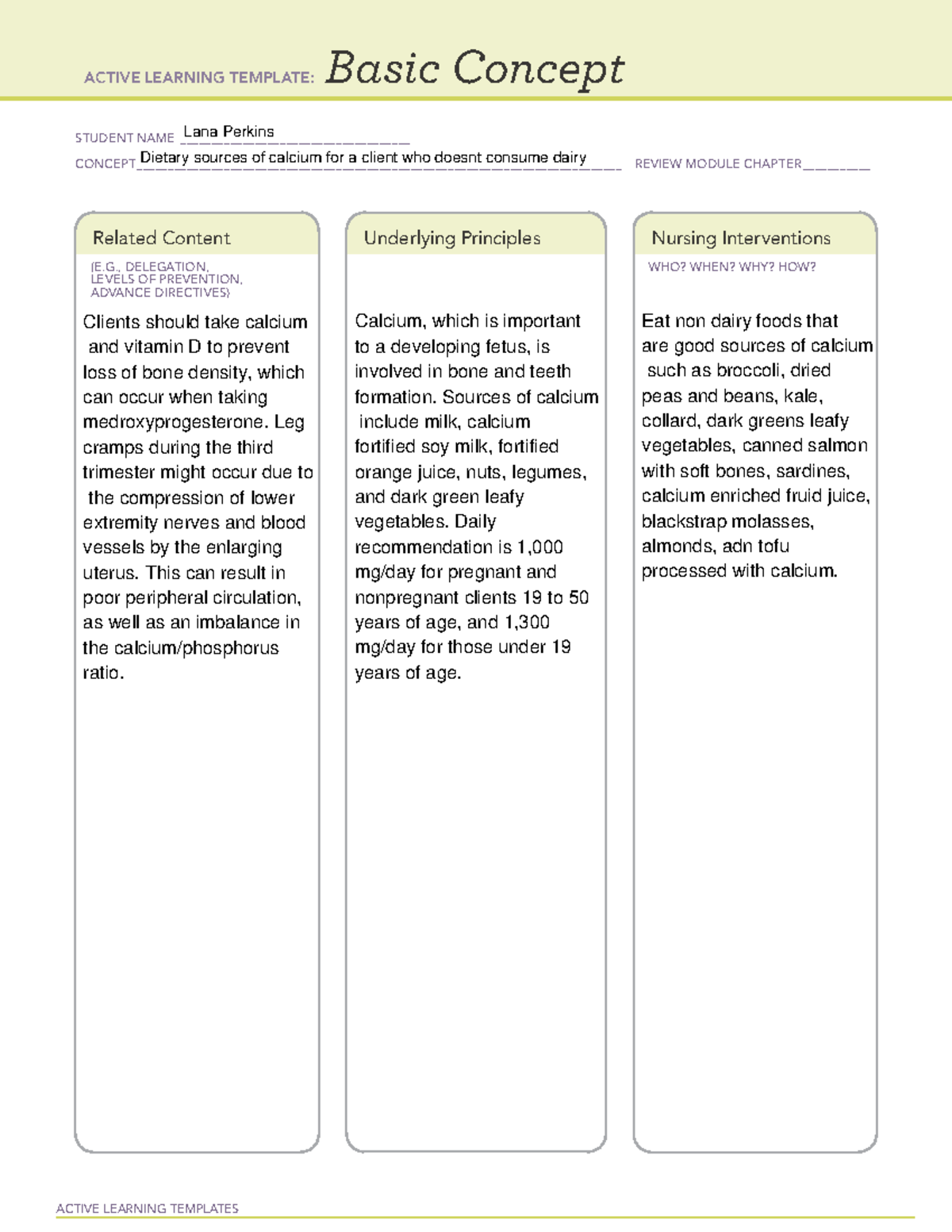 Sources of Calcium: Active Learning Template for Nursing Concepts - Studocu