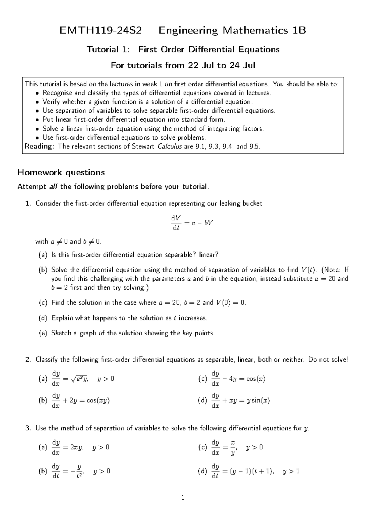 EMTH119-24S2 Tutorial 01: First Order Differential Equations - Studocu