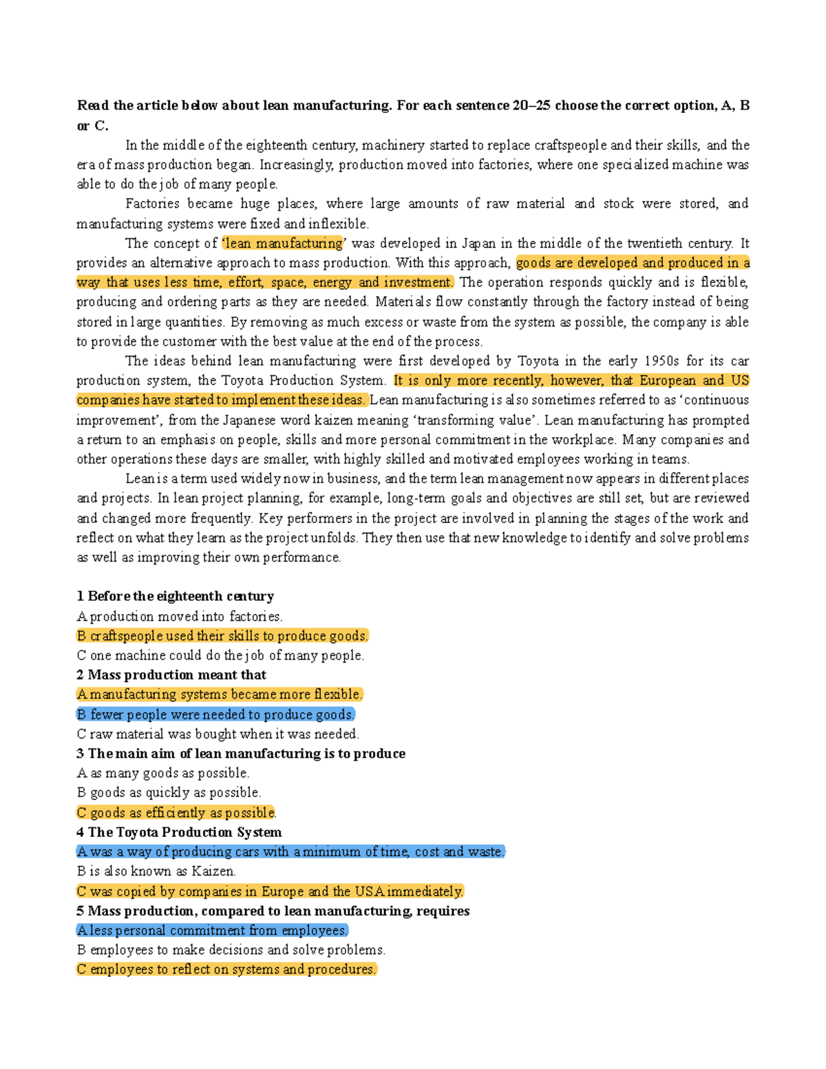 Lean Manufacturing: Extra Reading 2 Quiz and Business Trends Analysis ...