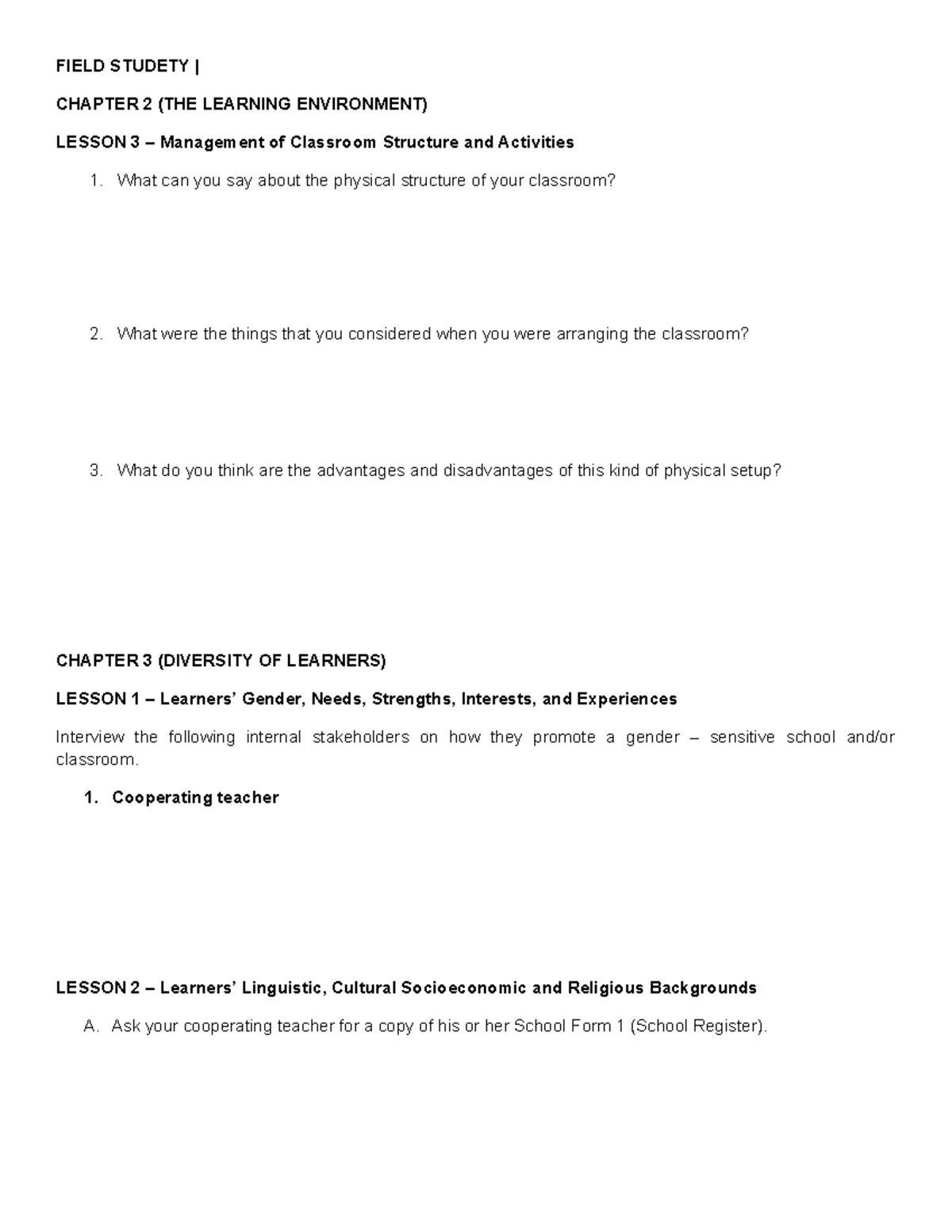 FIELD STUDY 1 2 - CHAPTERS ON CLASSROOM MANAGEMENT & DIVERSITY - Studocu