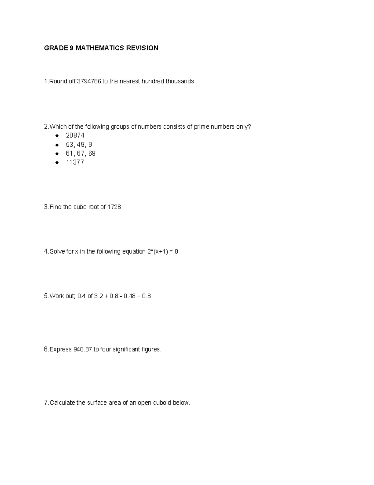 GRADE 9 MATHEMATICS REVISION NOTES: KEY CONCEPTS & EXAMPLES - Studocu
