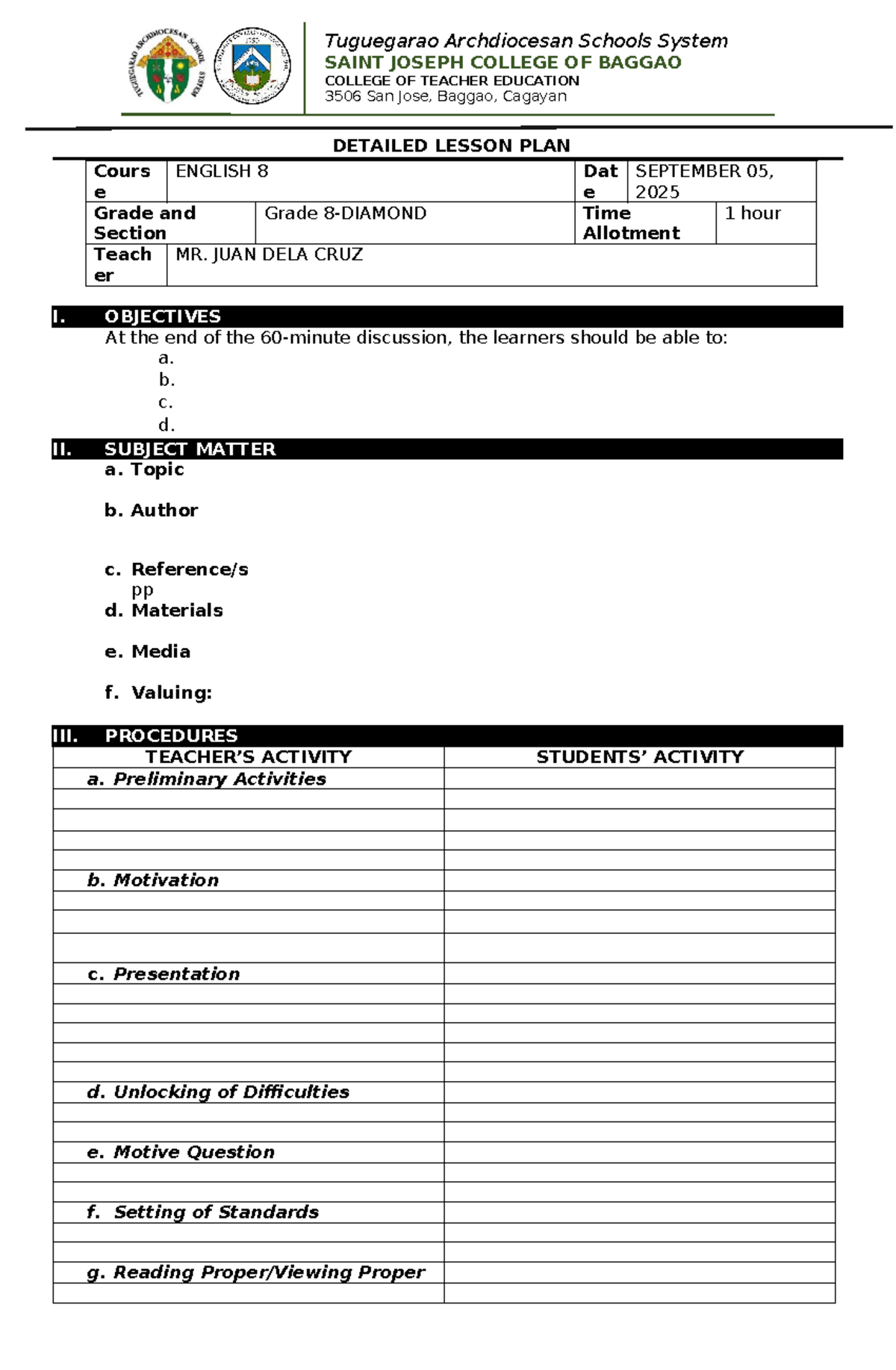 Detailed Lesson Plan for English 8 - Mr. Juan Dela Cruz - Studocu