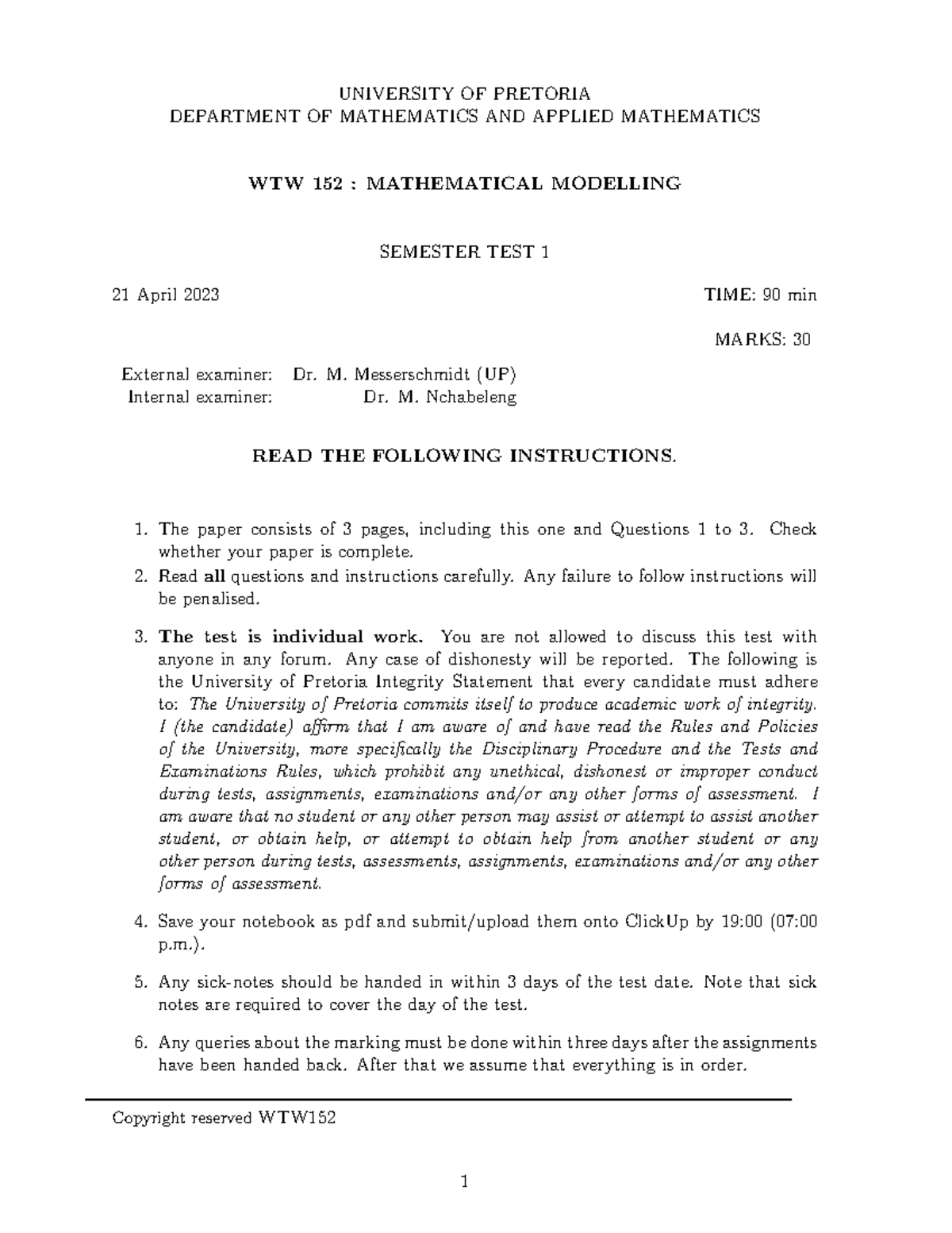 WTW 152: Mathematical Modelling Semester Test 1 - April 2023 - Studocu