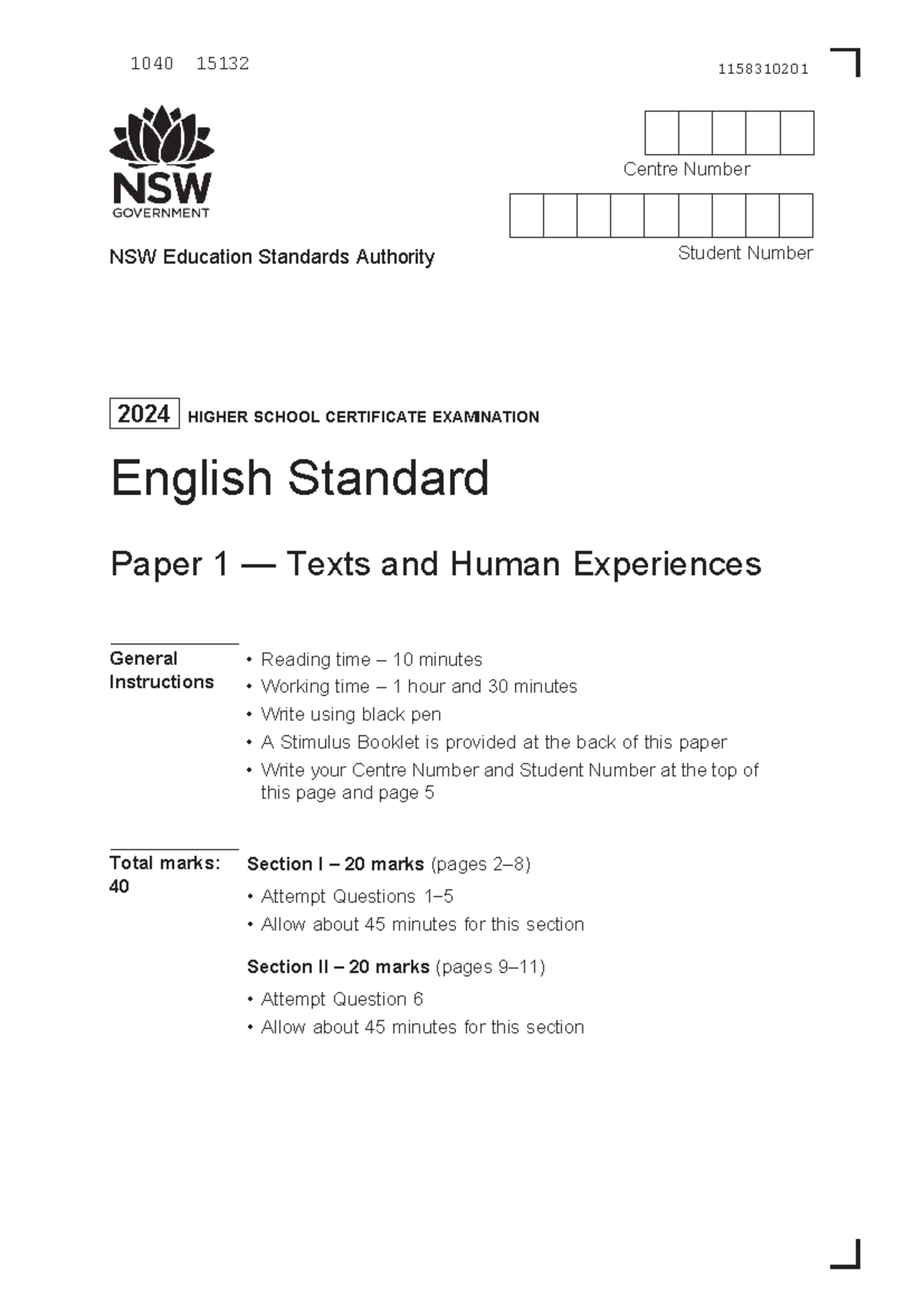 2024 HSC English Standard Paper 1: Texts & Human Experiences - Studocu