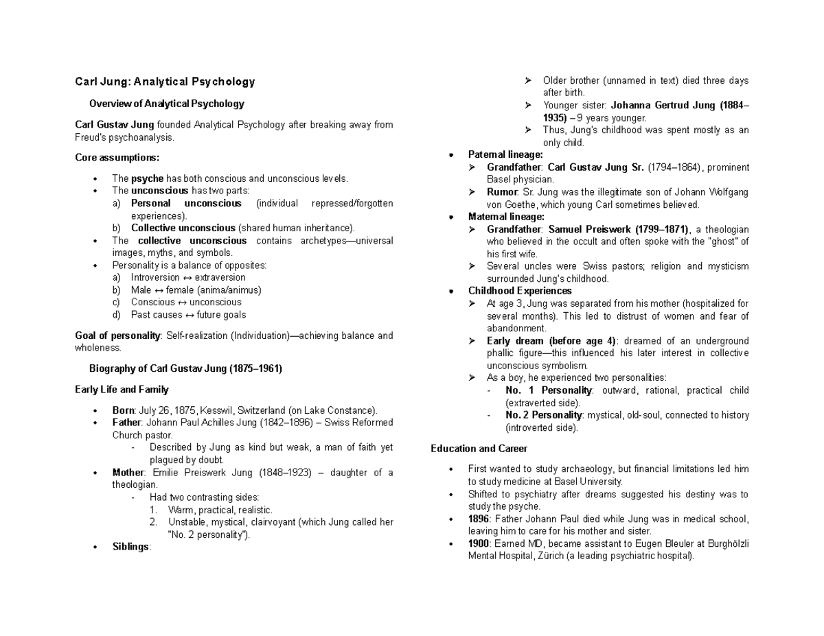 TOP- Jung: Overview of Analytical Psychology Lecture Notes - Studocu