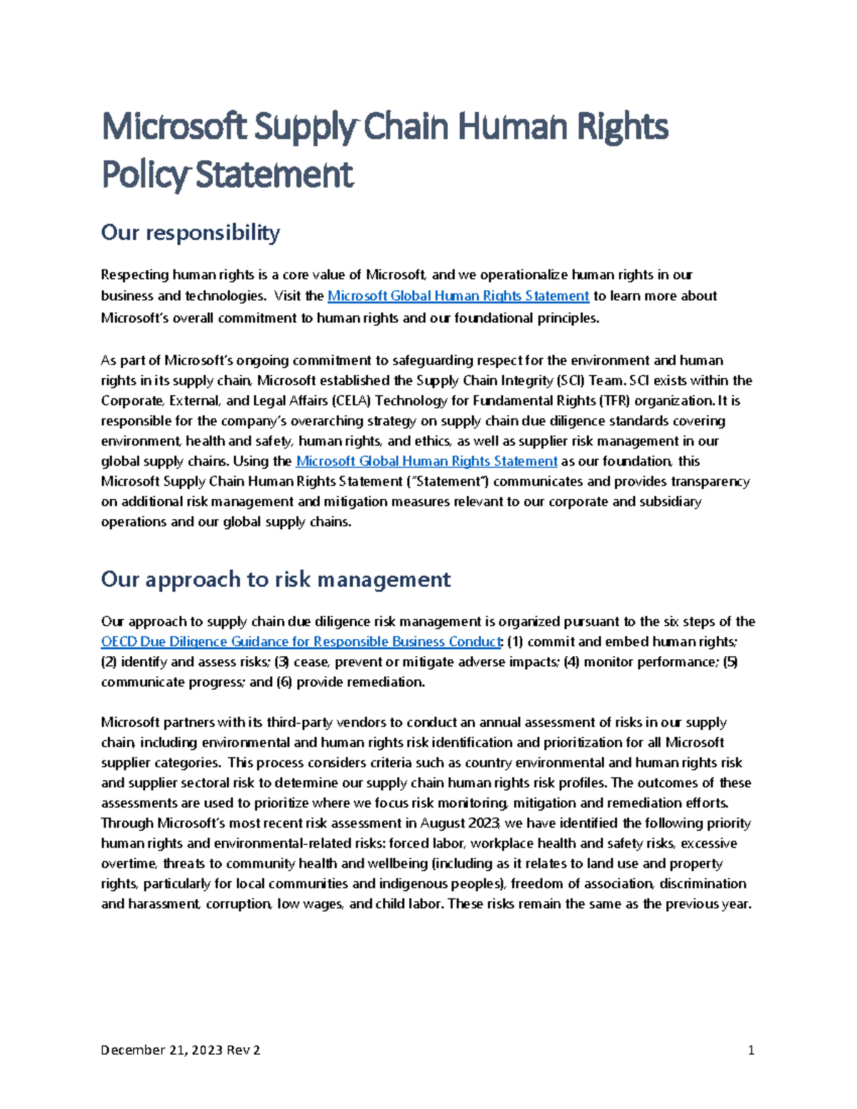 Microsoft Supply Chain Human Rights Policy Statement Overview - Studocu