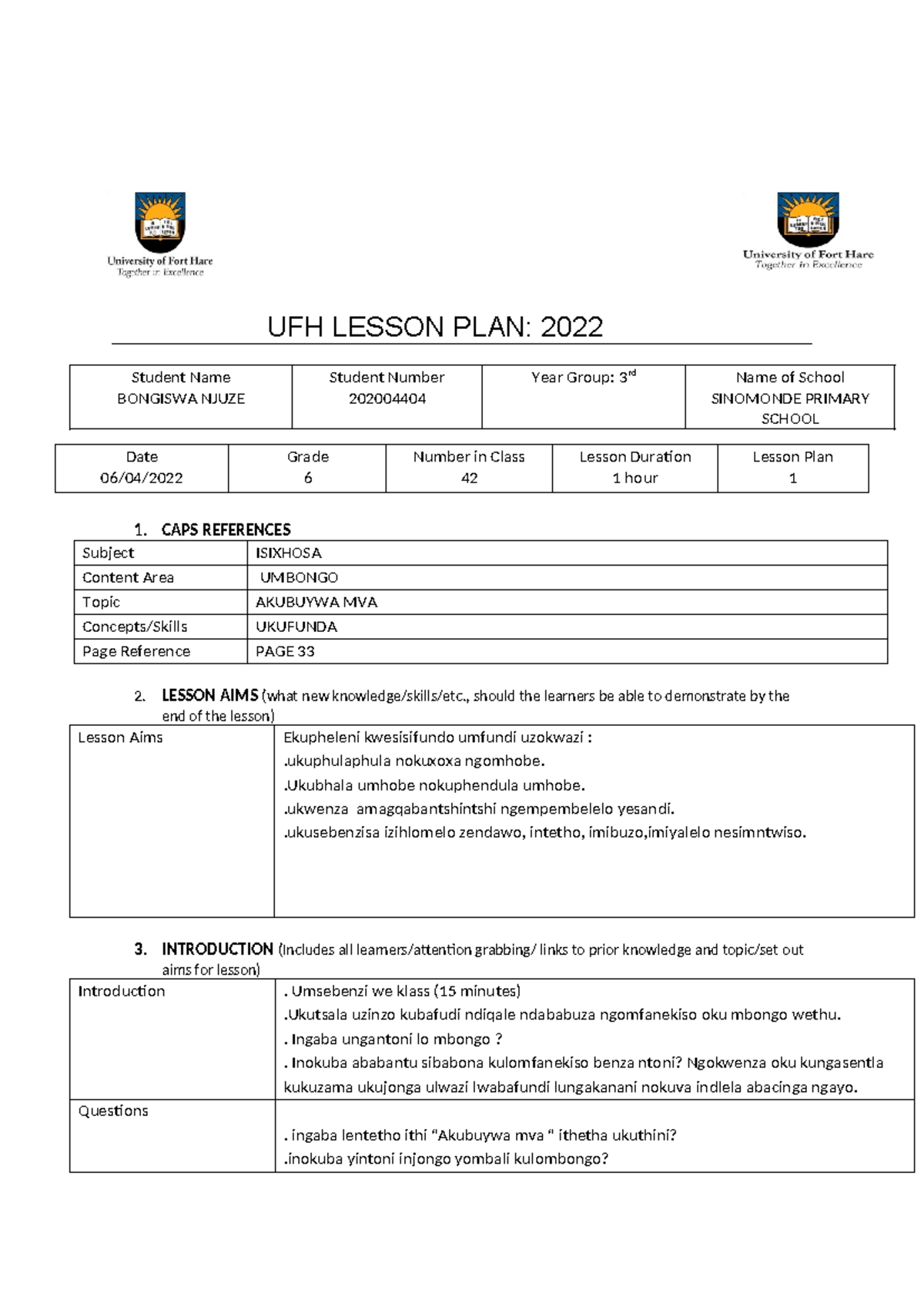 Isixhosa Lesson Plan: Umbongo for Grade 6 (UFH 2022) - Studocu