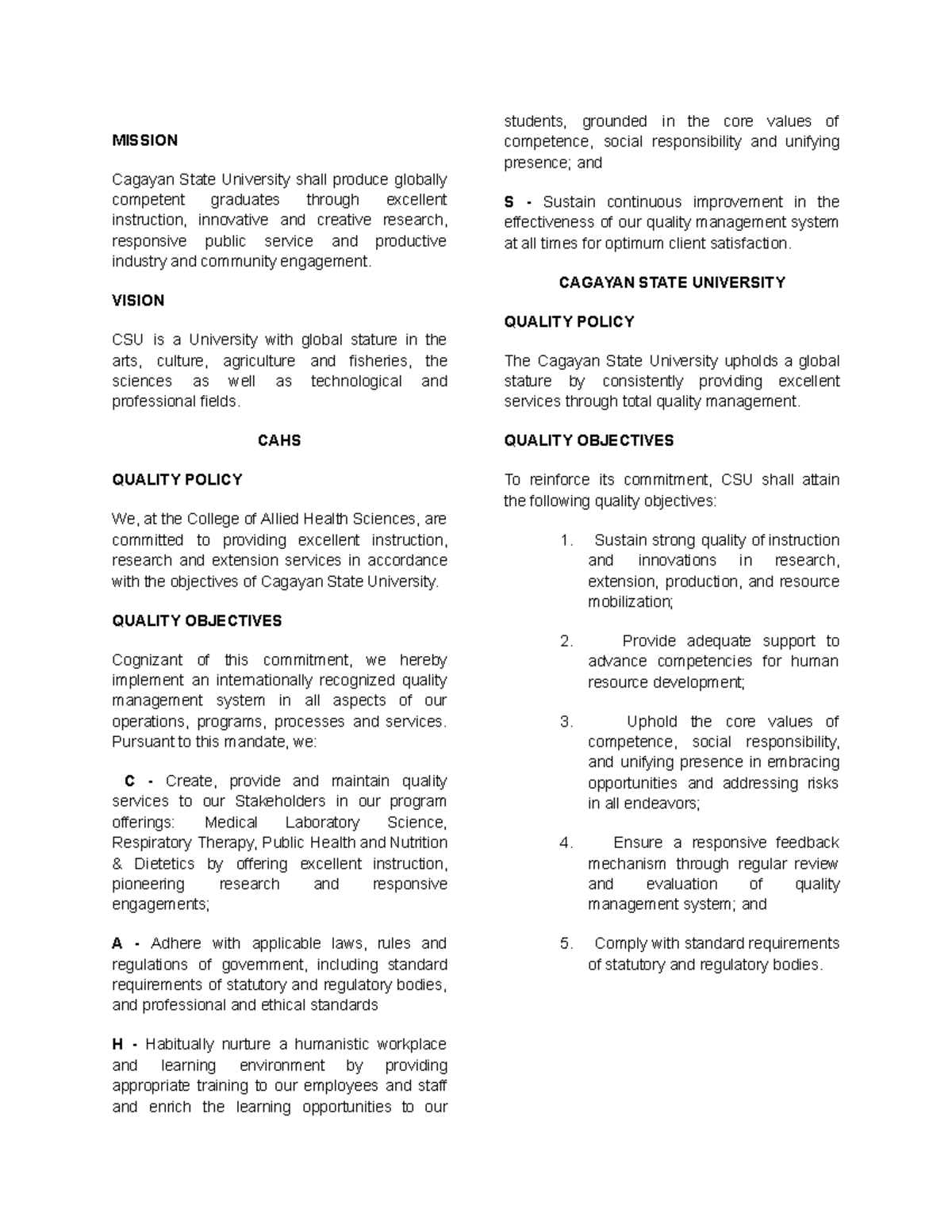 CSU Mission, Vision & Values: Commitment to Quality Education - Studocu
