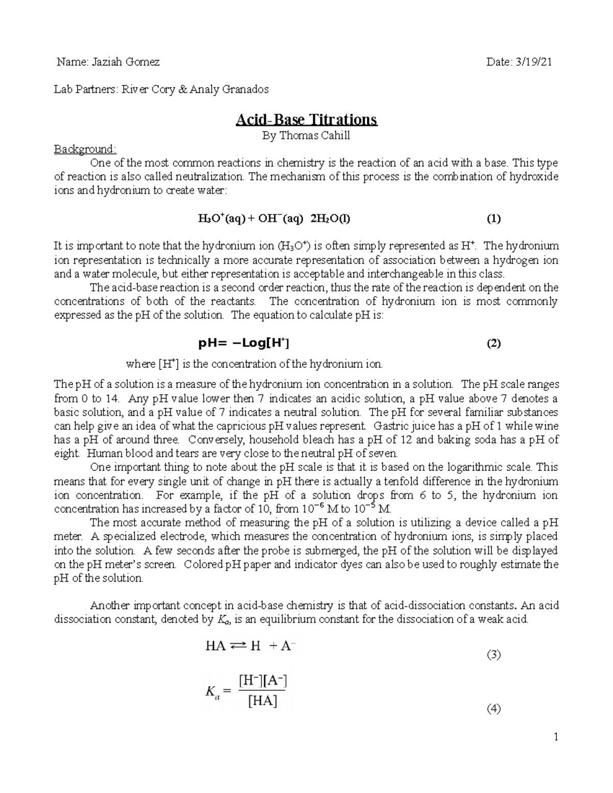 Lab 6: Acid-Base Titrations - Techniques & Analysis of pH Changes - Studocu